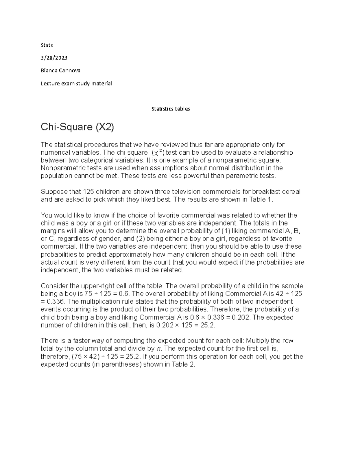 Stats thursdsy - Stats 3/28/ Bianca Cannova Lecture exam study material ...