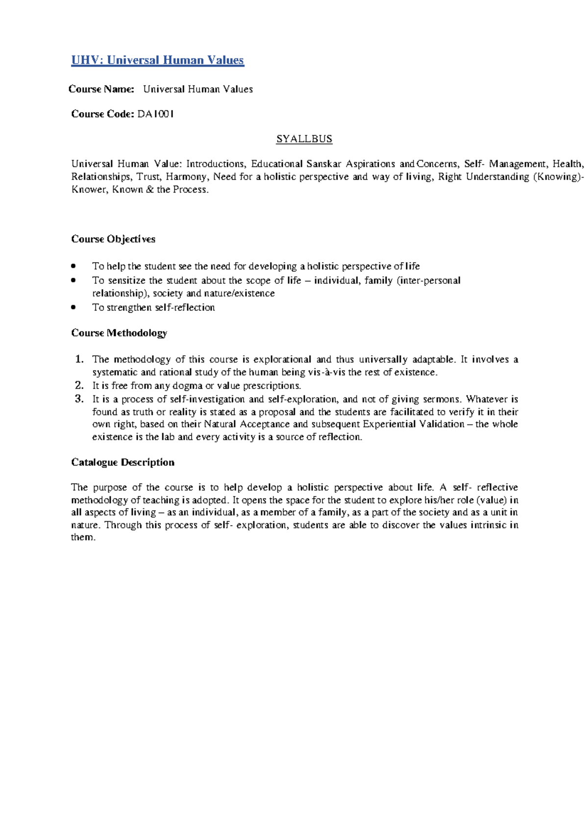 Universal Human Values DA1001 - UHV: Universal Human Values Course Name ...