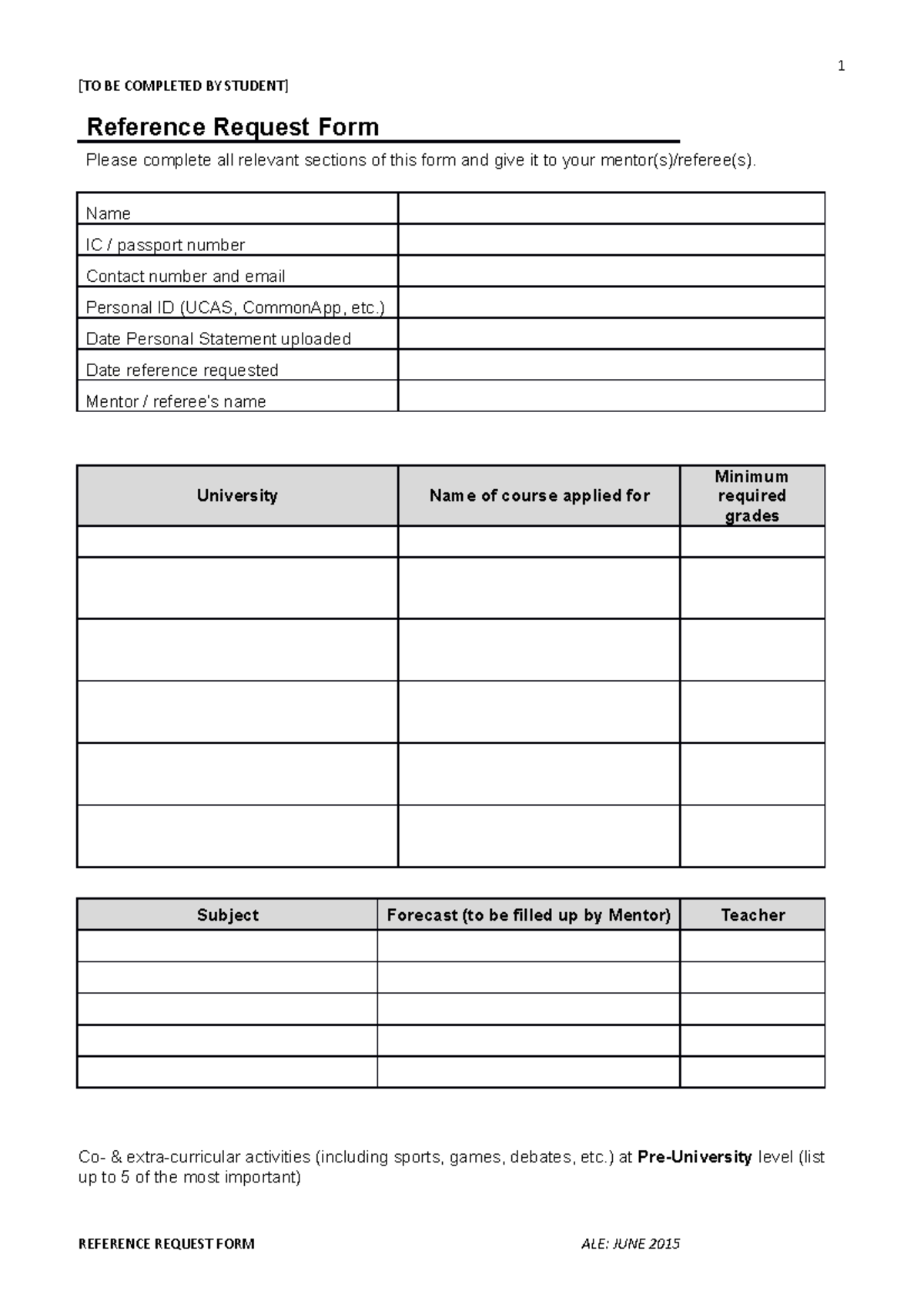 Reference Request FORM - 1 [TO BE COMPLETED BY STUDENT] Reference ...
