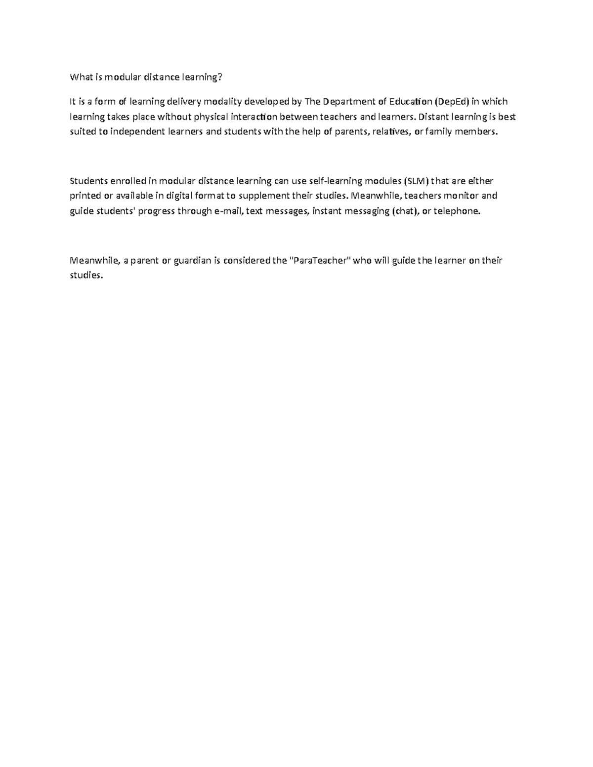 Distance learning - 122 - What is modular distance learning? It is a ...