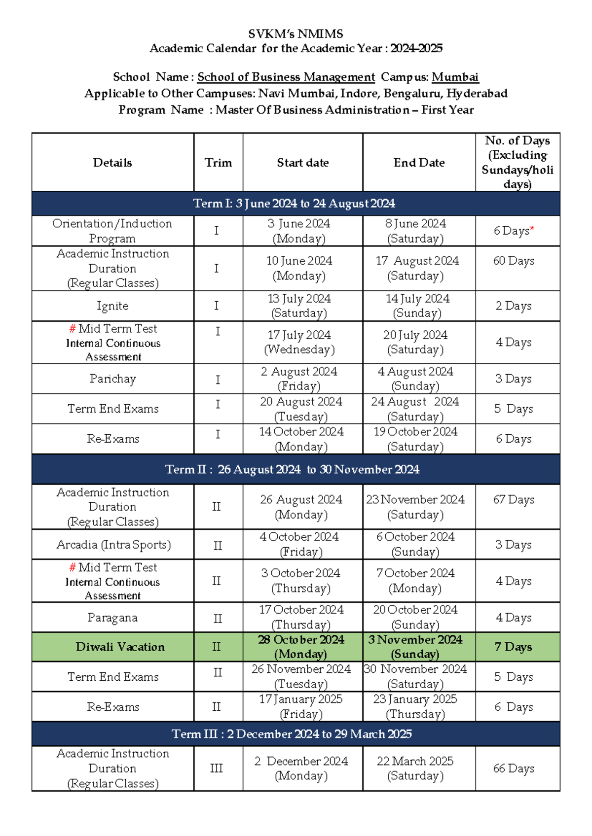 MBA I Yr Academic Calendar 2024-25 - for Docket - SVKM’s NMIMS Academic ...
