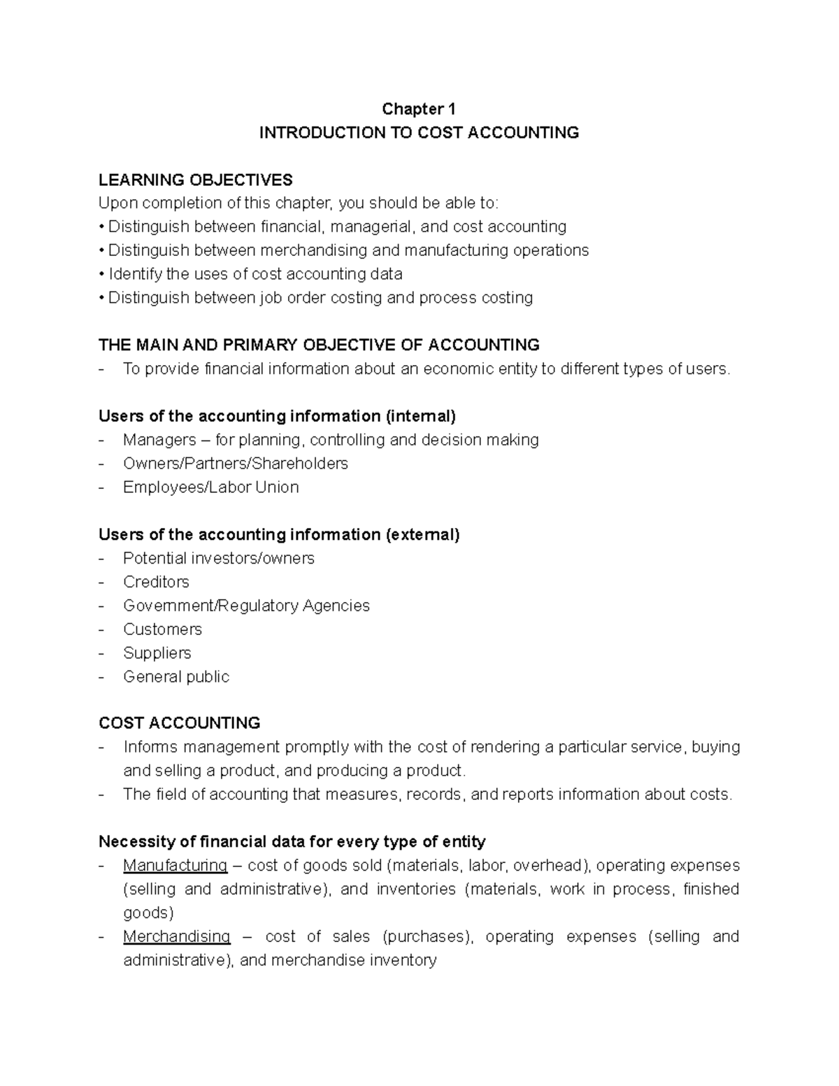 Chap-1-lesson - none - Chapter 1 INTRODUCTION TO COST ACCOUNTING ...