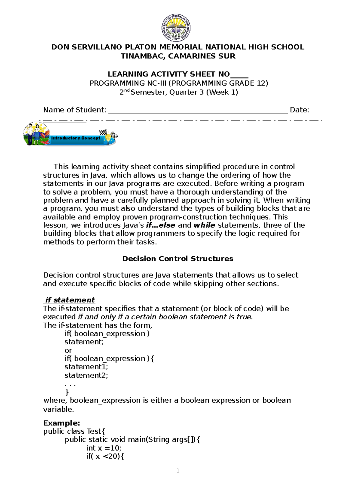 Programming Grade 12 3rd Quarter (week 1) - Introductory Concept DON ...