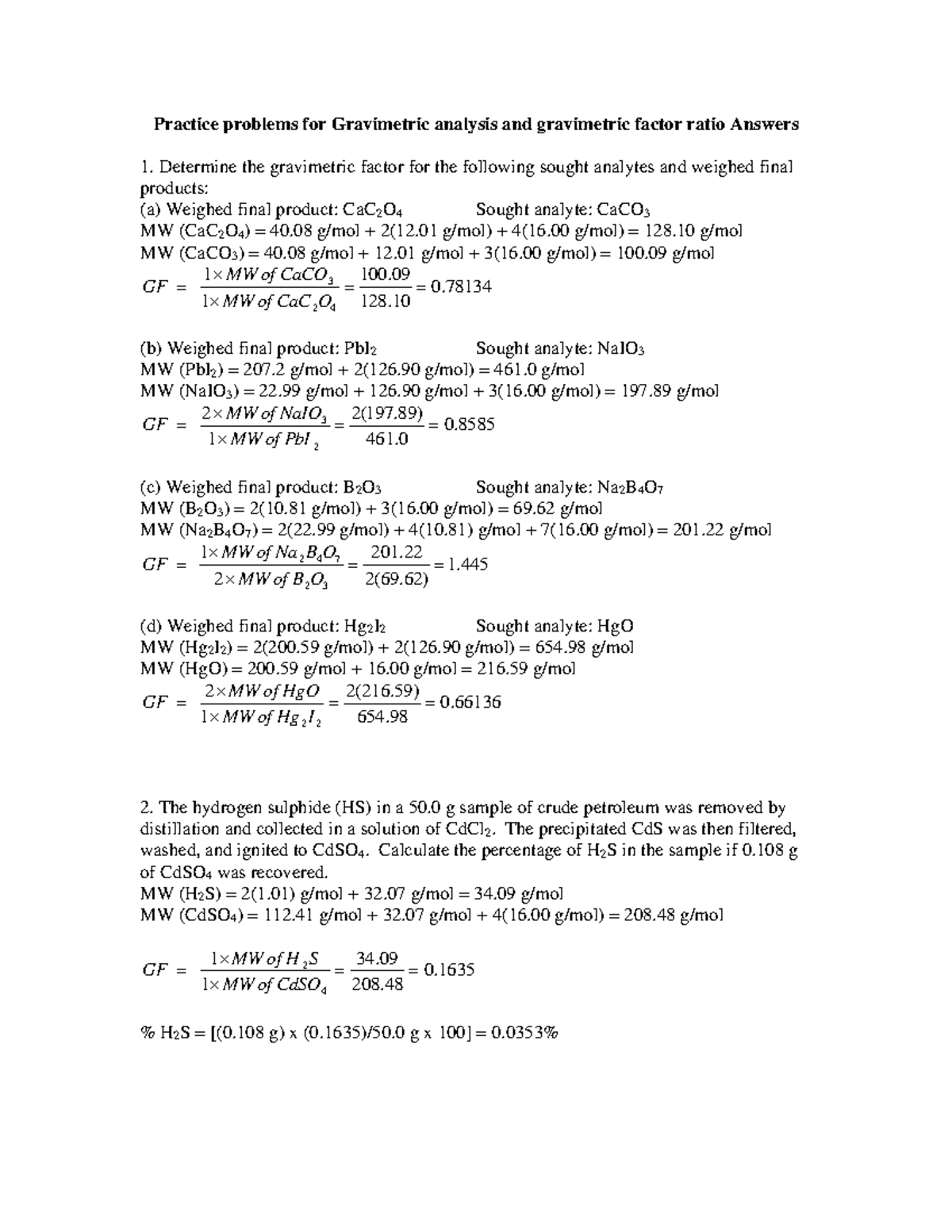 Practice questions for GF and Gravimetric Analysis Answers 21 - Practice problems for ...