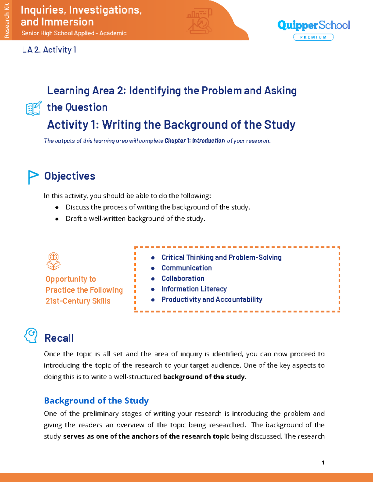 Writing the background of the study - Learning Area 2: Identifying the ...