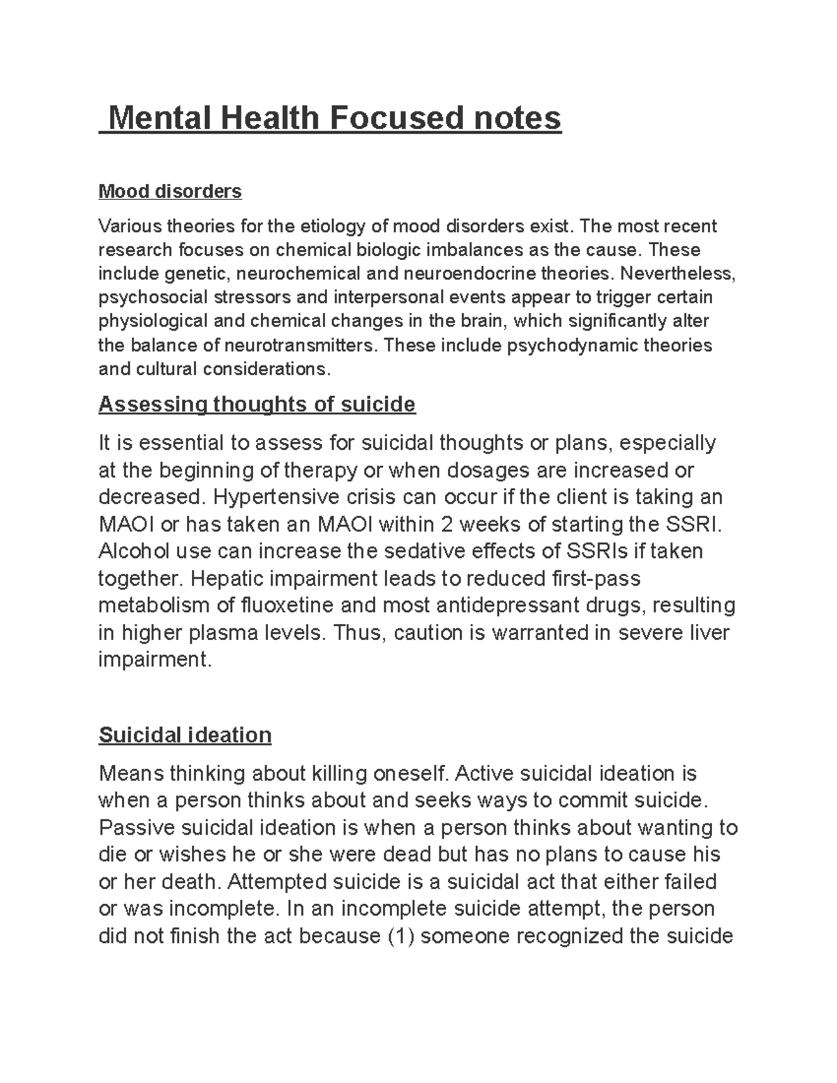 Mental Health EXAM Notes - Mental Health Focused notes Mood disorders ...
