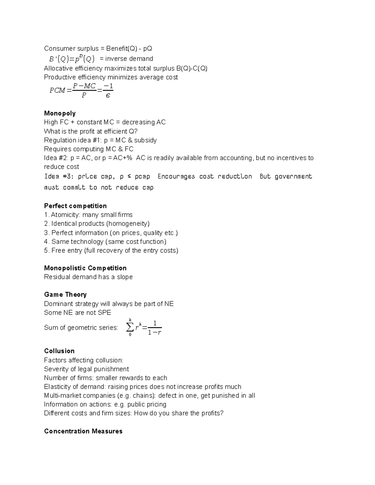 73-365 Midterm Cheat Sheet - Consumer surplus Benefit(Q) pQ p D inverse ...