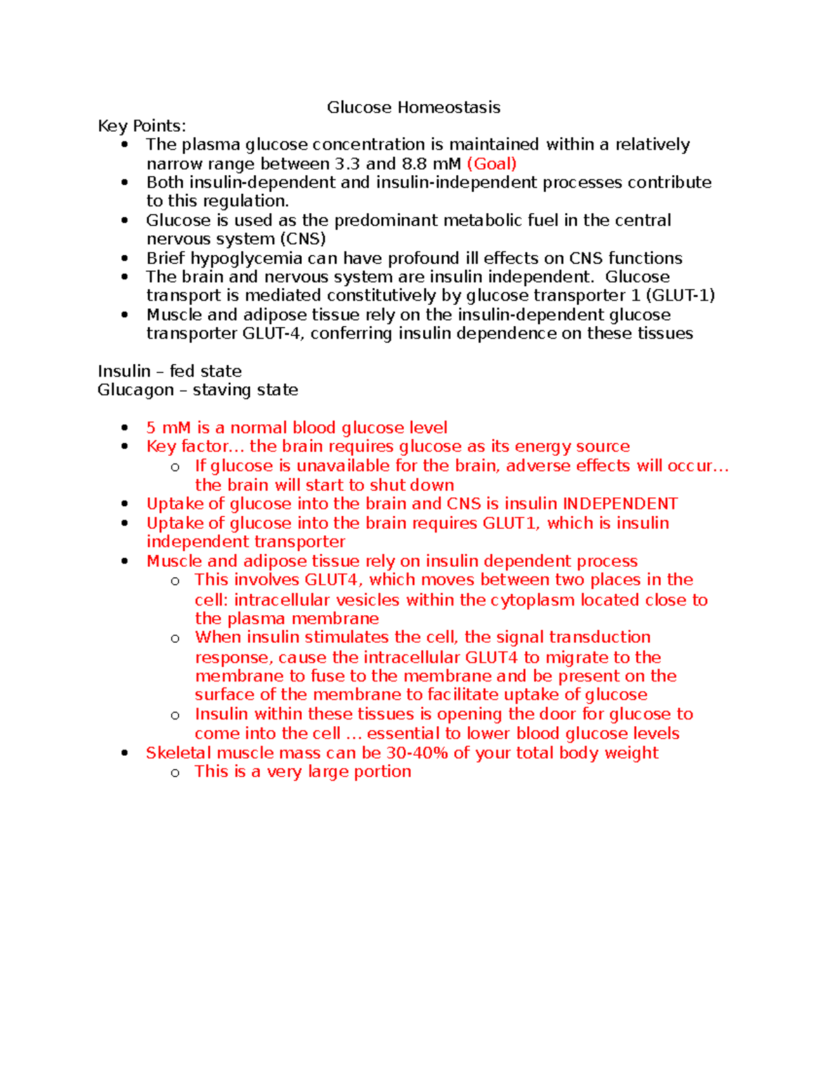 Glucose Homeostasis test 3 notes - Glucose Homeostasis Key Points: The ...