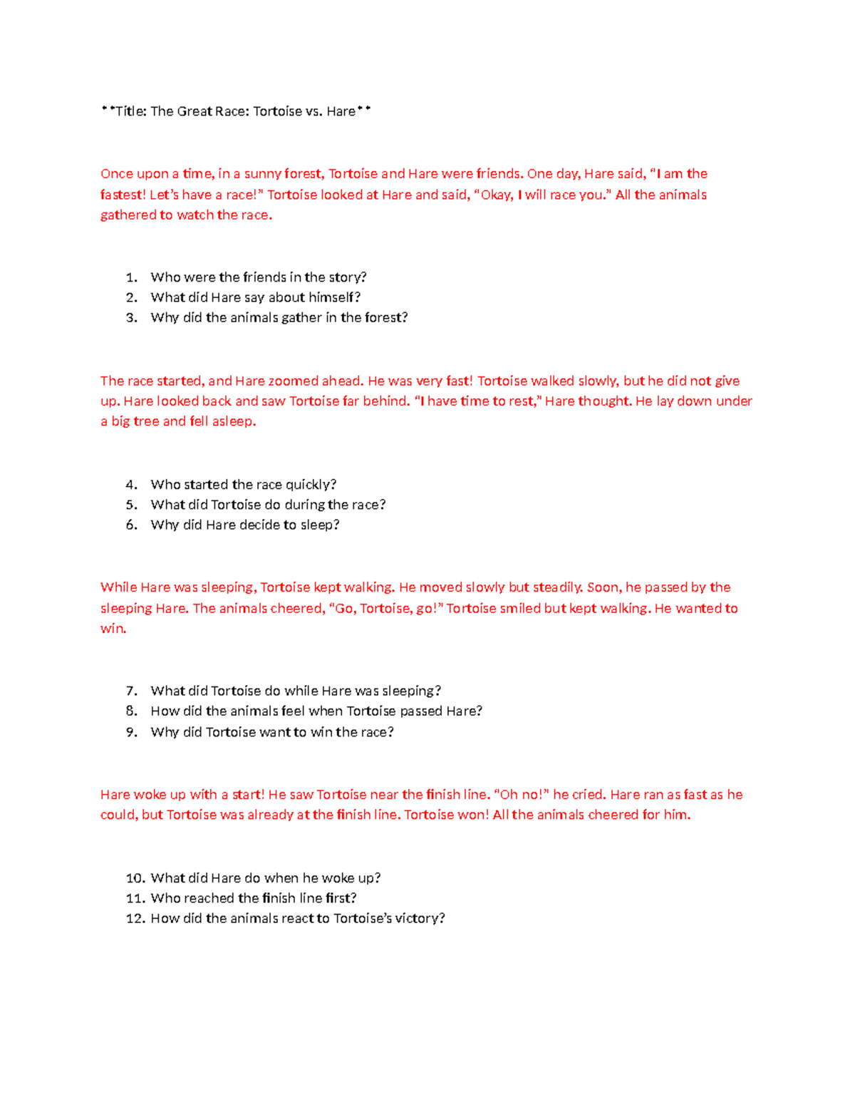 Story - gfgf - Title: The Great Race: Tortoise vs. Hare Once upon a ...