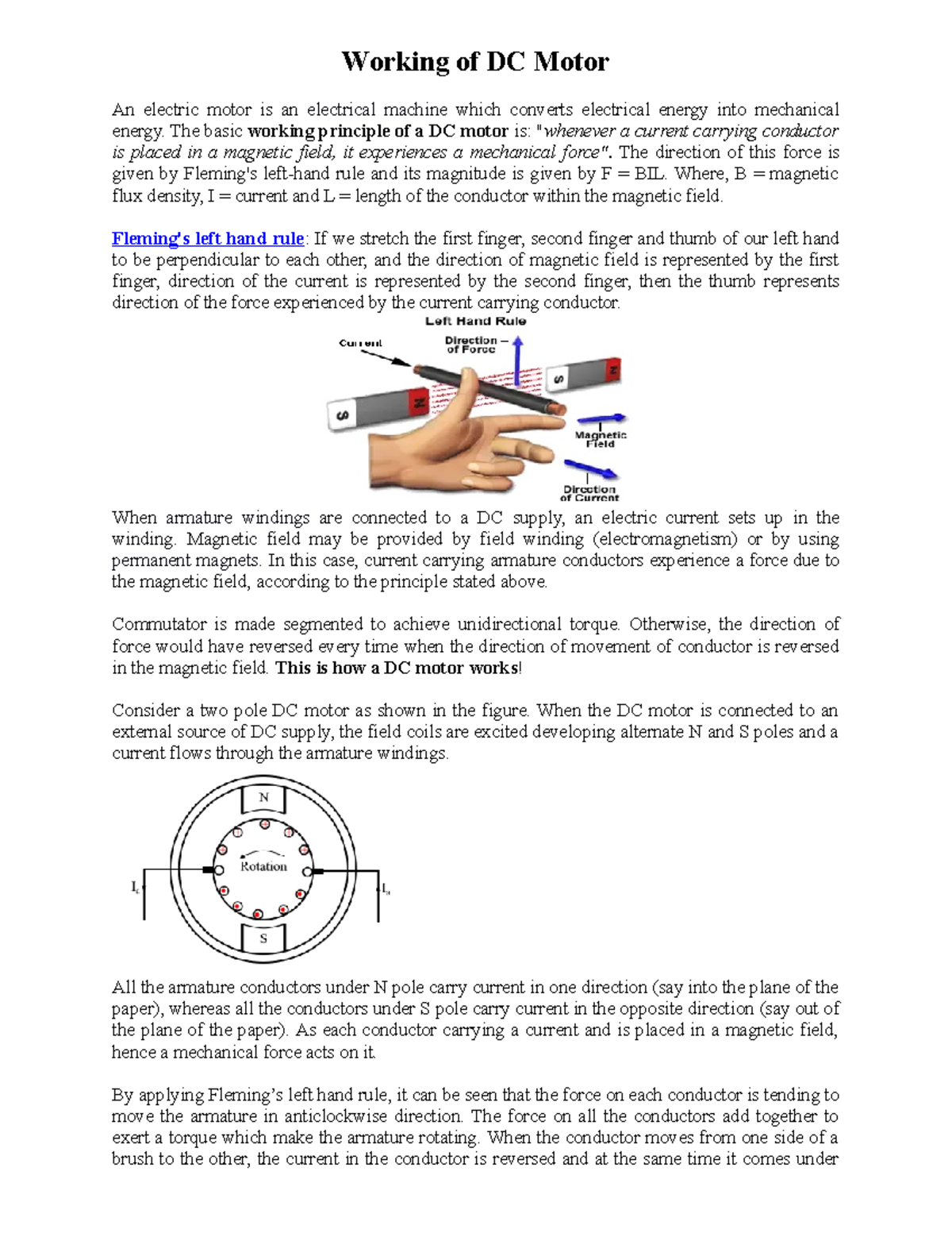 Working of DC Motor - The basic working principle of a DC motor is ...