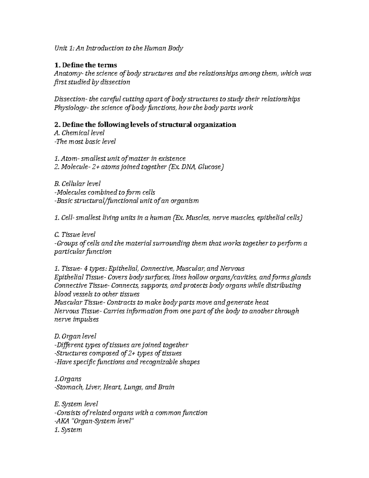 Bio 235 Unit 1 (Condensed) - Unit 1: An Introduction to the Human Body ...