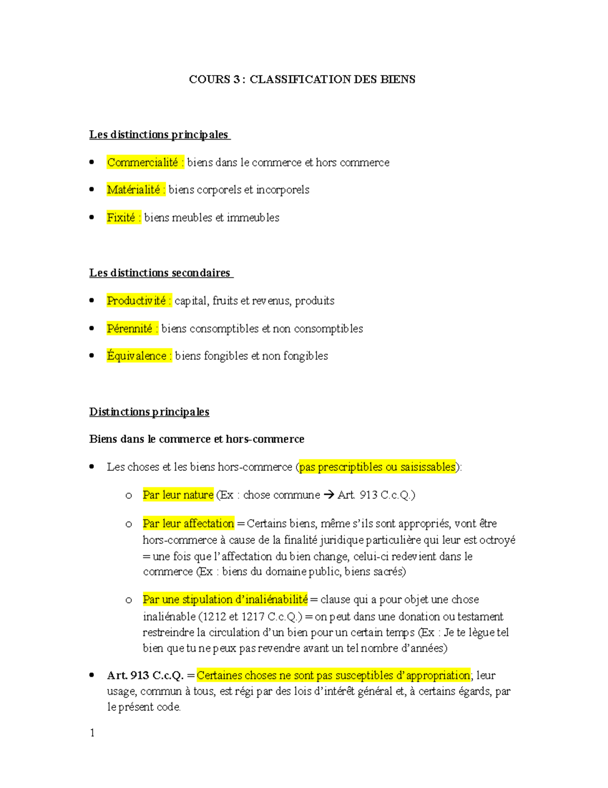 Cours 3 - Notes de cours - COURS 3 : CLASSIFICATION DES BIENS Les ...