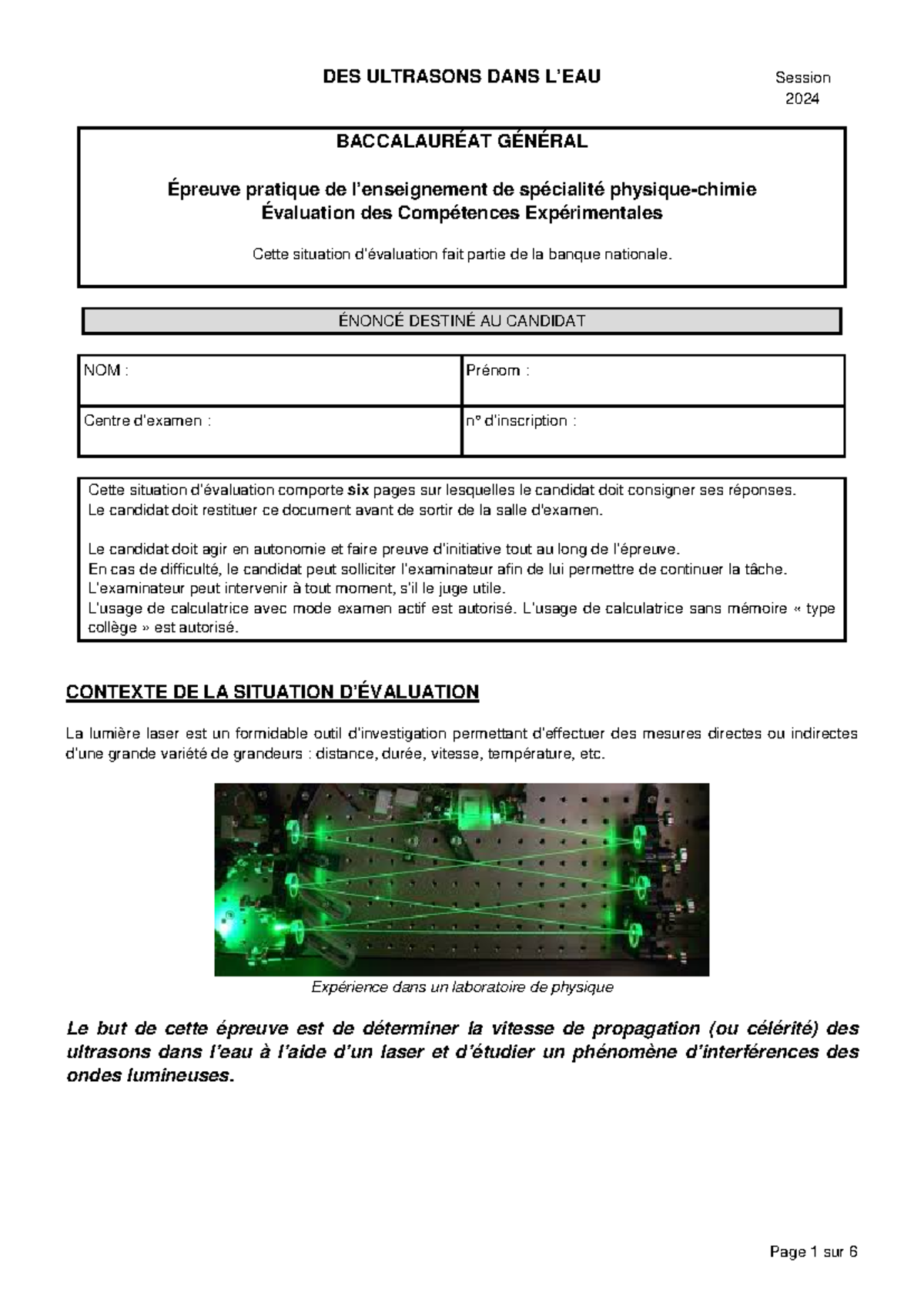 ECE 24 PC 10 - ECE - 2024 BACCALAURÉAT GÉNÉRAL Épreuve pratique de l’enseignement de spécialité ...