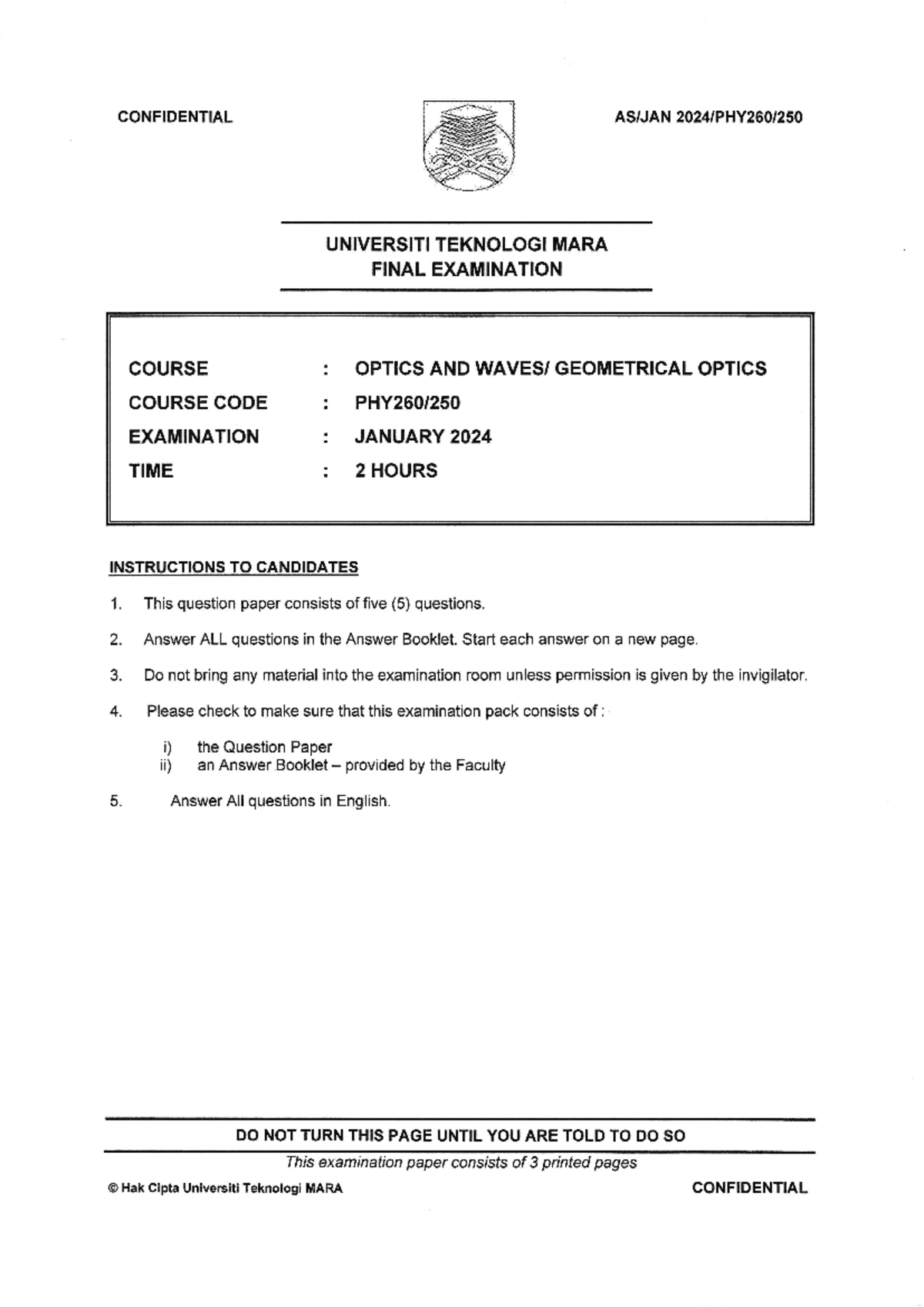 Faculty Applied Sciences 2024 Session 1 - PRA- Diploma DAN Diploma PHY260 - CONFIDENTIAL ...