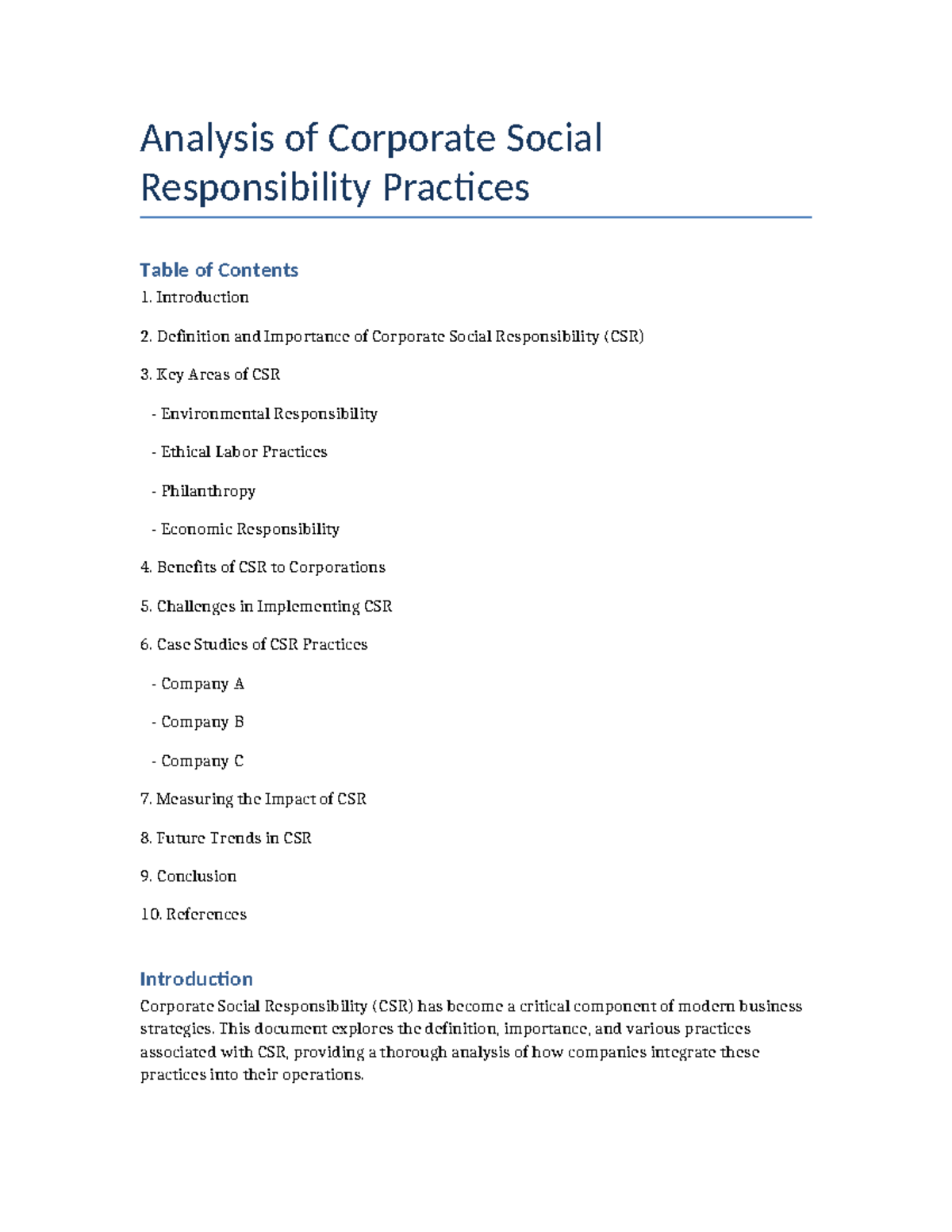 Analysis of CSR Practices - Analysis of Corporate Social Responsibility Practices Table of ...