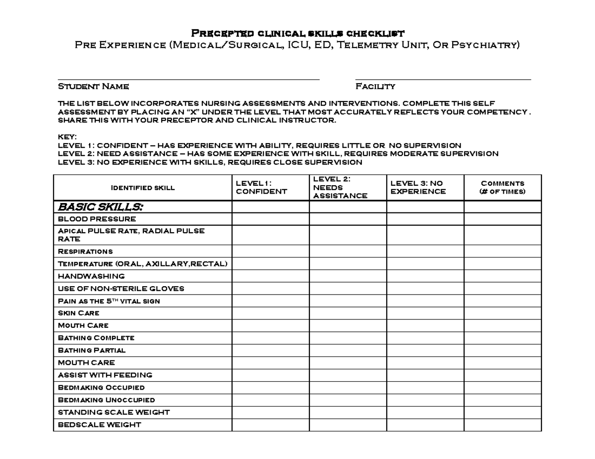 NRS240Med-Surg Skills Checklist - Precepted clinical skills checklist ...