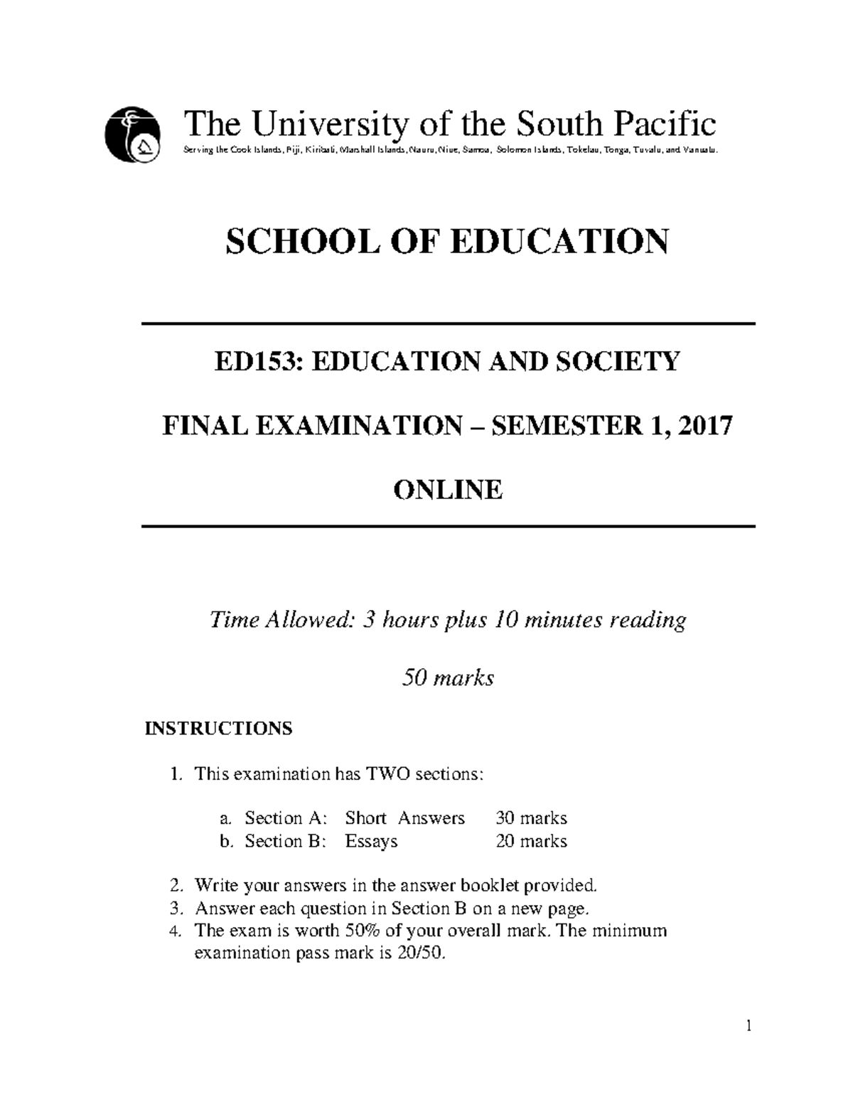 ED 153 sm1 2017 - Final Examination - The University of the South ...