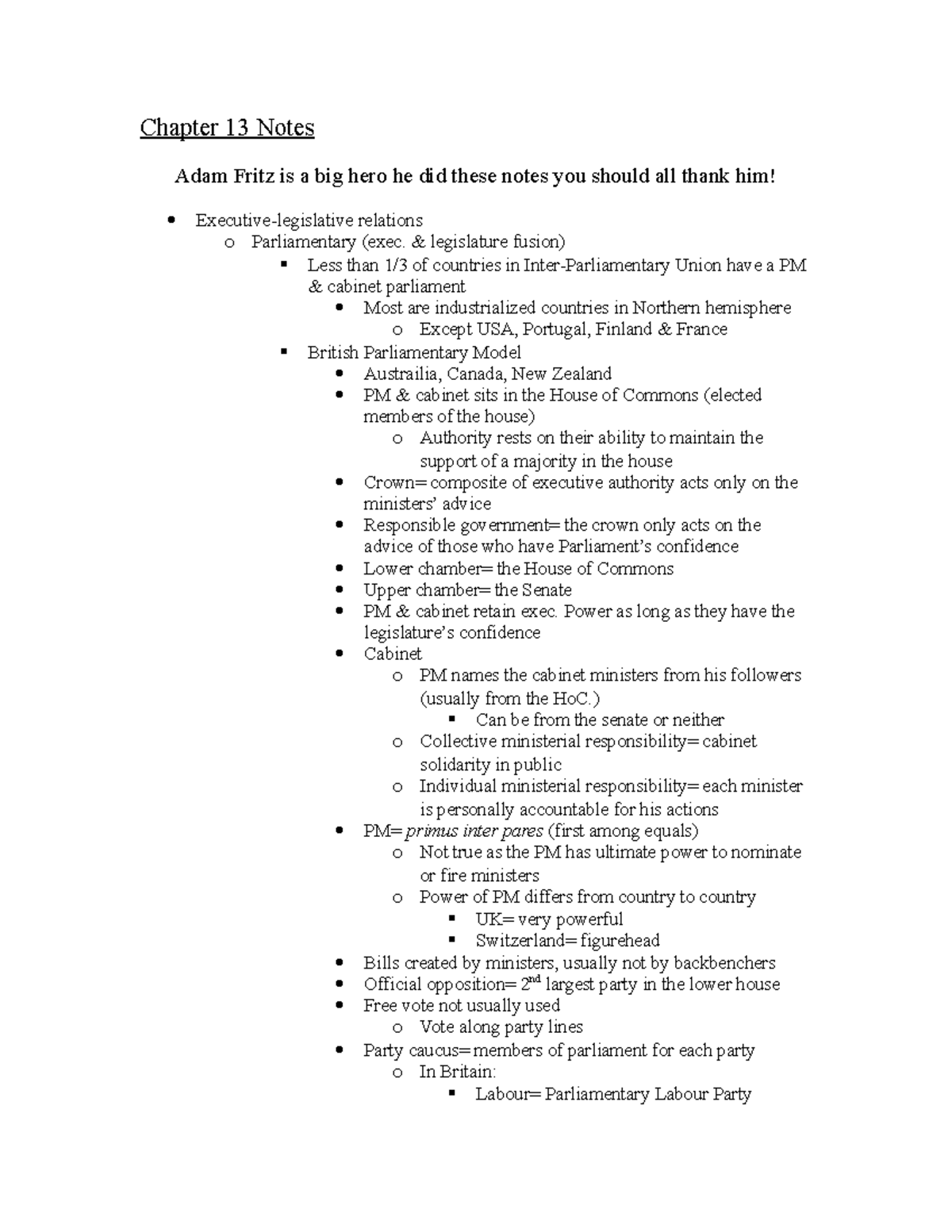 Pol 100 - chapter 13 lecture notes - Chapter 13 Notes Adam Fritz is a ...
