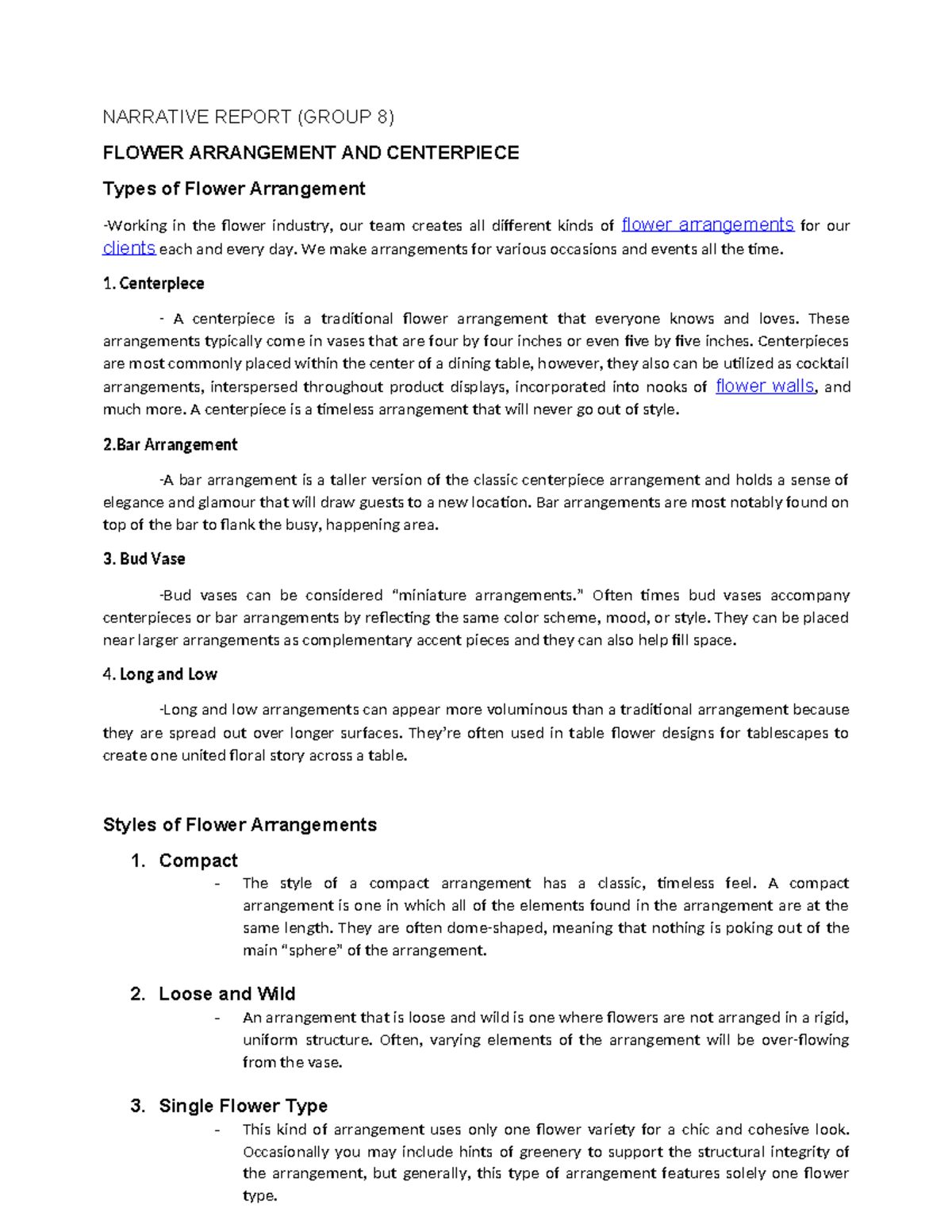 Report- Compilation - NARRATIVE REPORT (GROUP 8) FLOWER ARRANGEMENT AND ...