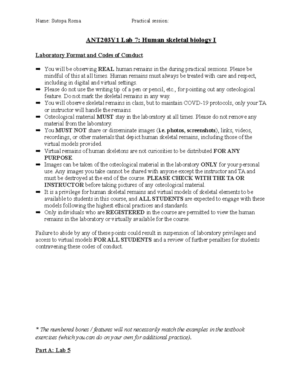 Ant203practical7 Lab Exercise Ant203y1 Lab 7 Human Skeletal Biology I Laboratory Format