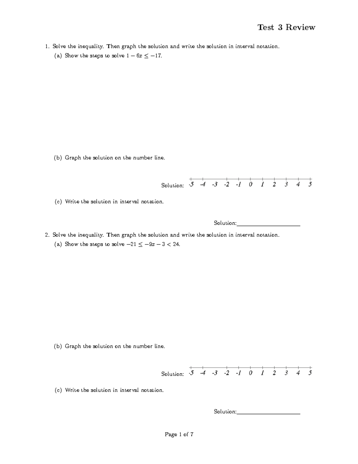 2023 Spring Test 3 Review(1) - Solve the inequality. Then graph the ...