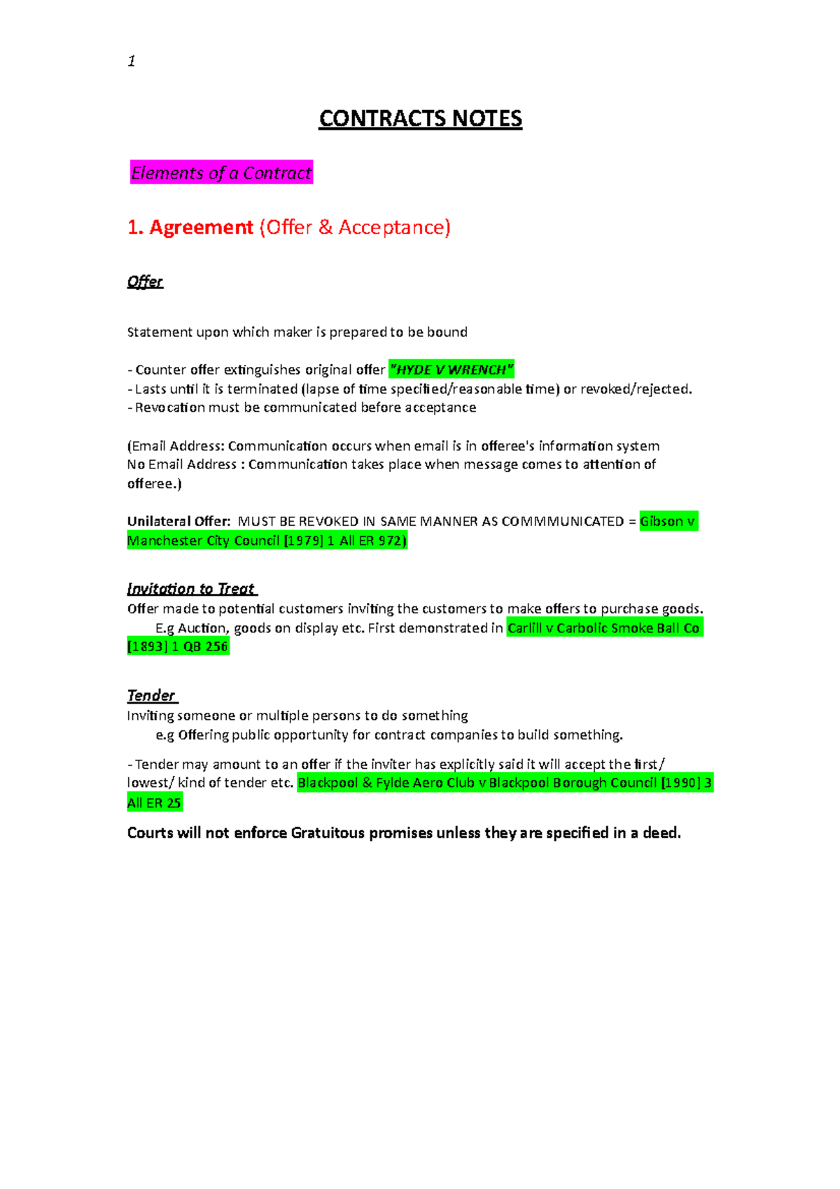 Contracts Notes - Concise - Lecture notes, lectures 1 - 9 - CONTRACTS ...