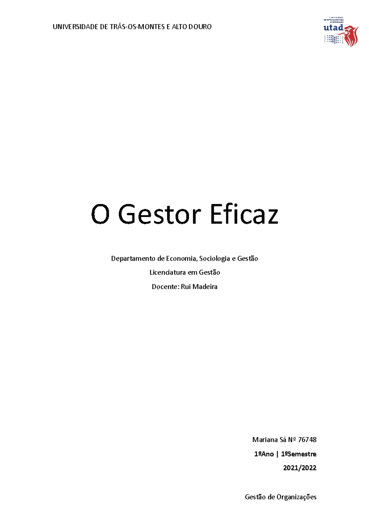 O Gestor Eficaz - Resumo do Livro - O Gestor Eficaz Departamento de Economia, Sociologia e ...