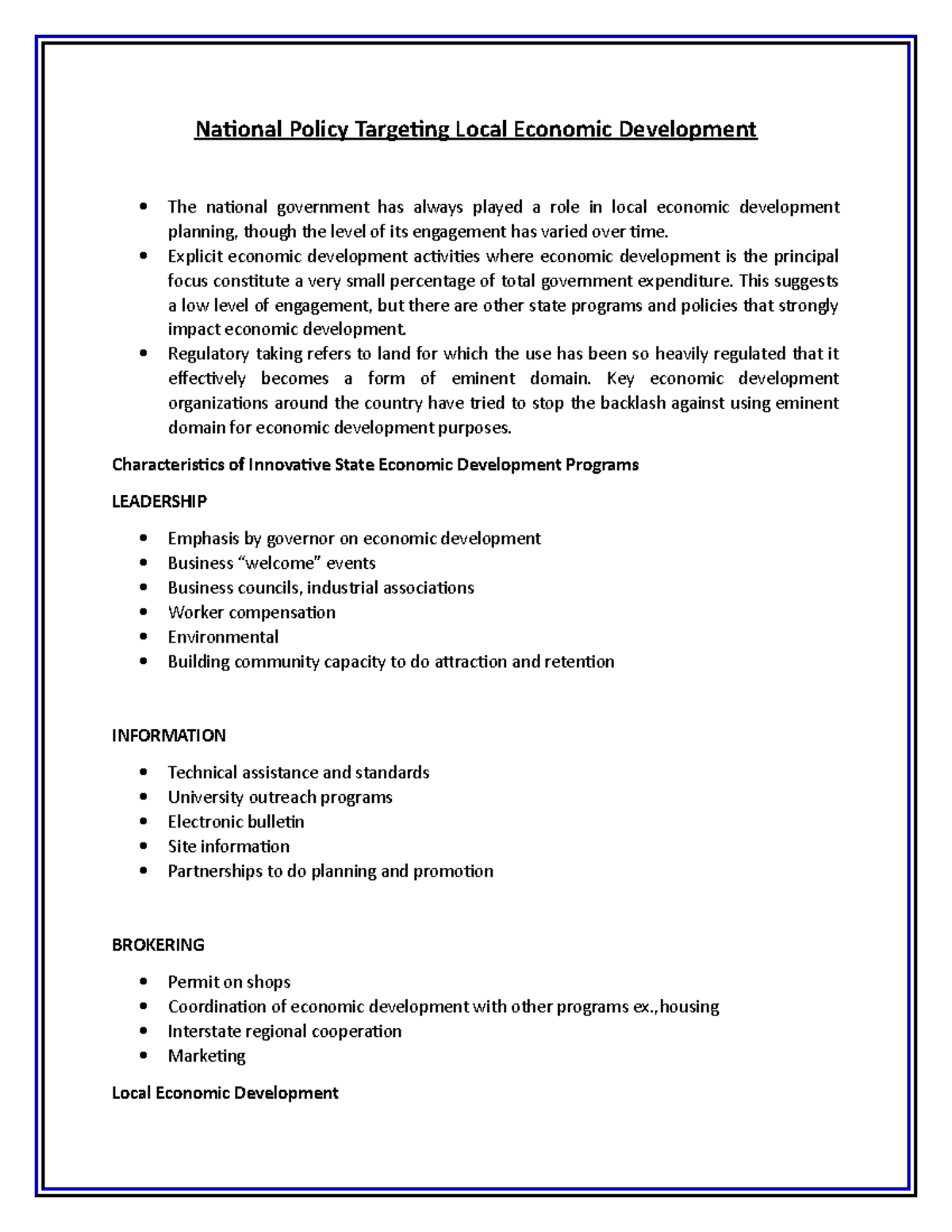 National Policy Targeting Local Economic Development - Explicit ...