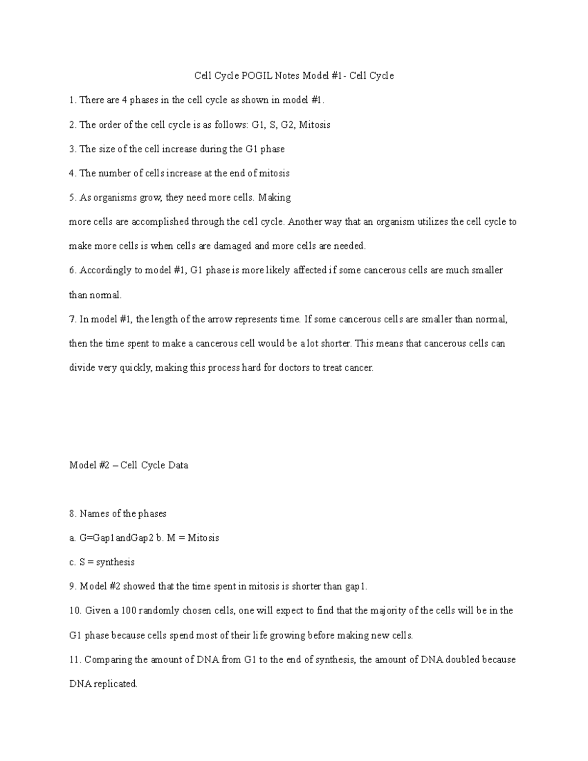 Cell Cycle Pogil Cell Cycle POGIL Notes Model 1 Cell Cycle There