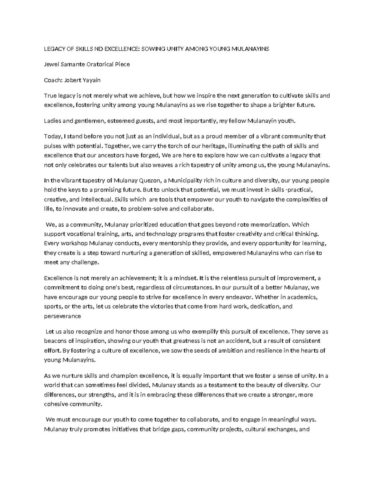 Oratorical Piece - The description is emcee script and jusge and yes ...