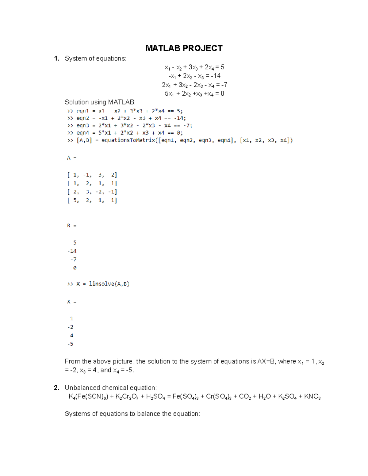 Matlab Project Num 1 2 MATLAB PROJECT 1 System Of Equations X 1 X