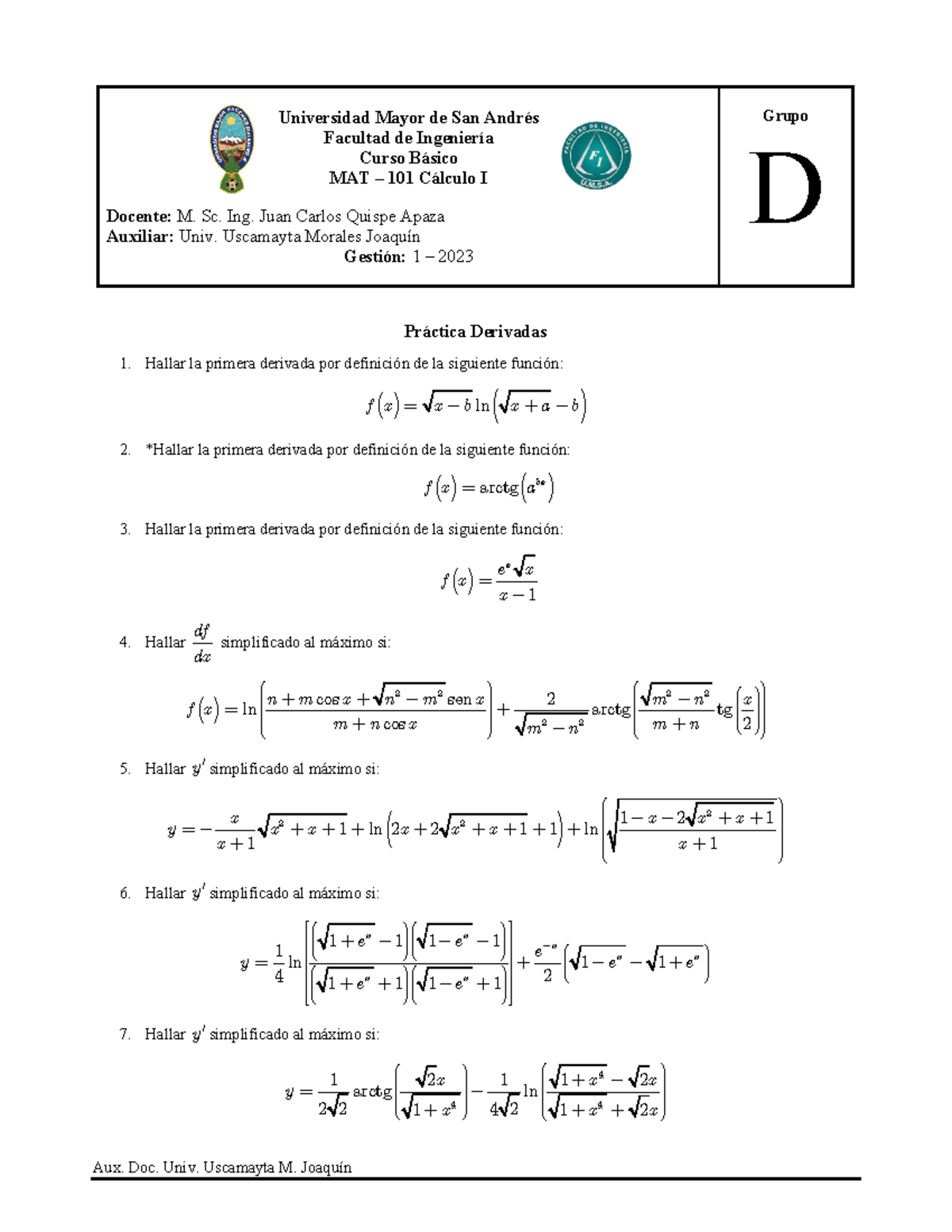 Práctica segundo parcial MAT-101 Grupo D-2 - ####### Universidad Mayor de San Andrés ...