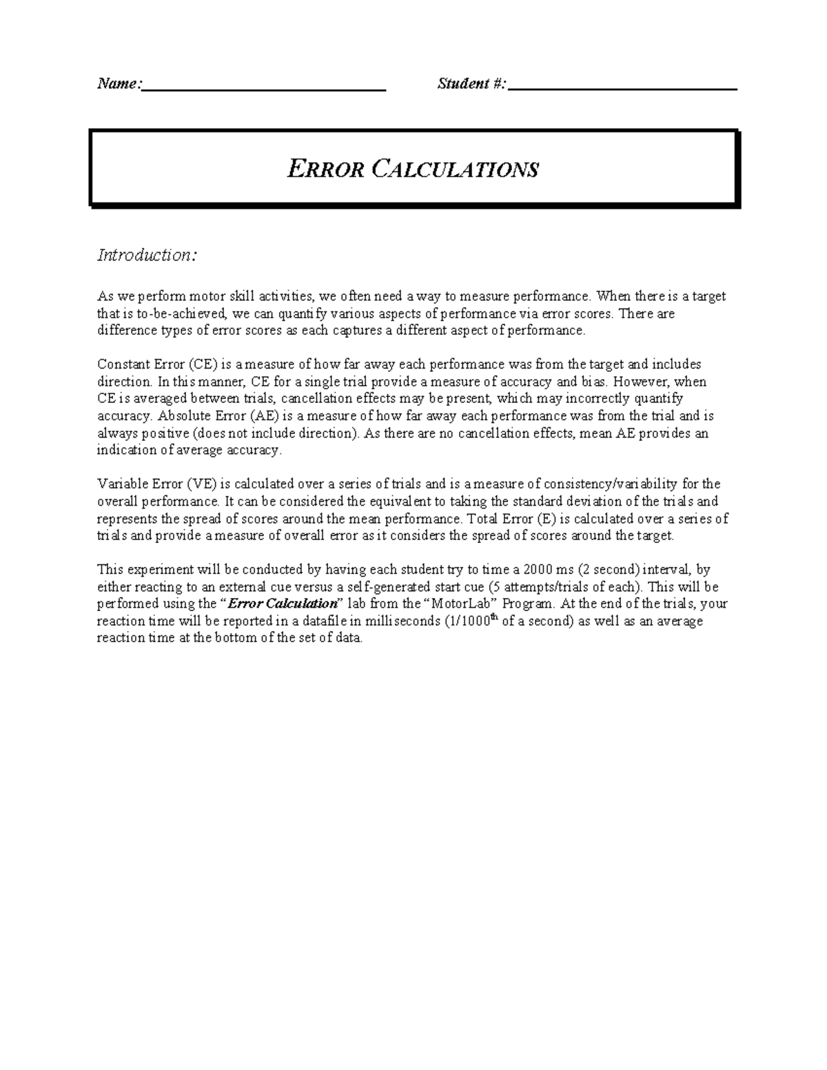 Errors - Lab Activity v2022 - Name: Student #: ERROR CALCULATIONS ...