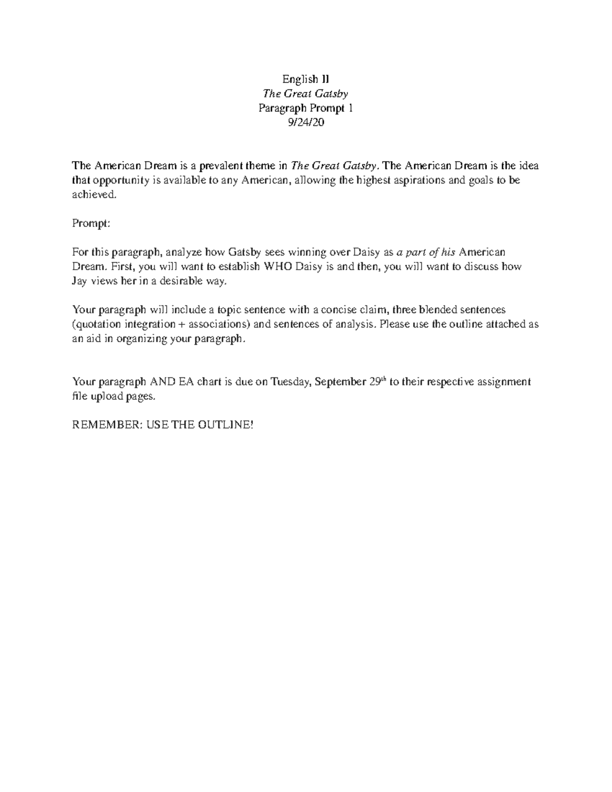 Gatsby Prompt 1 AD - English II The Great Gatsby Paragraph Prompt 1 9 ...