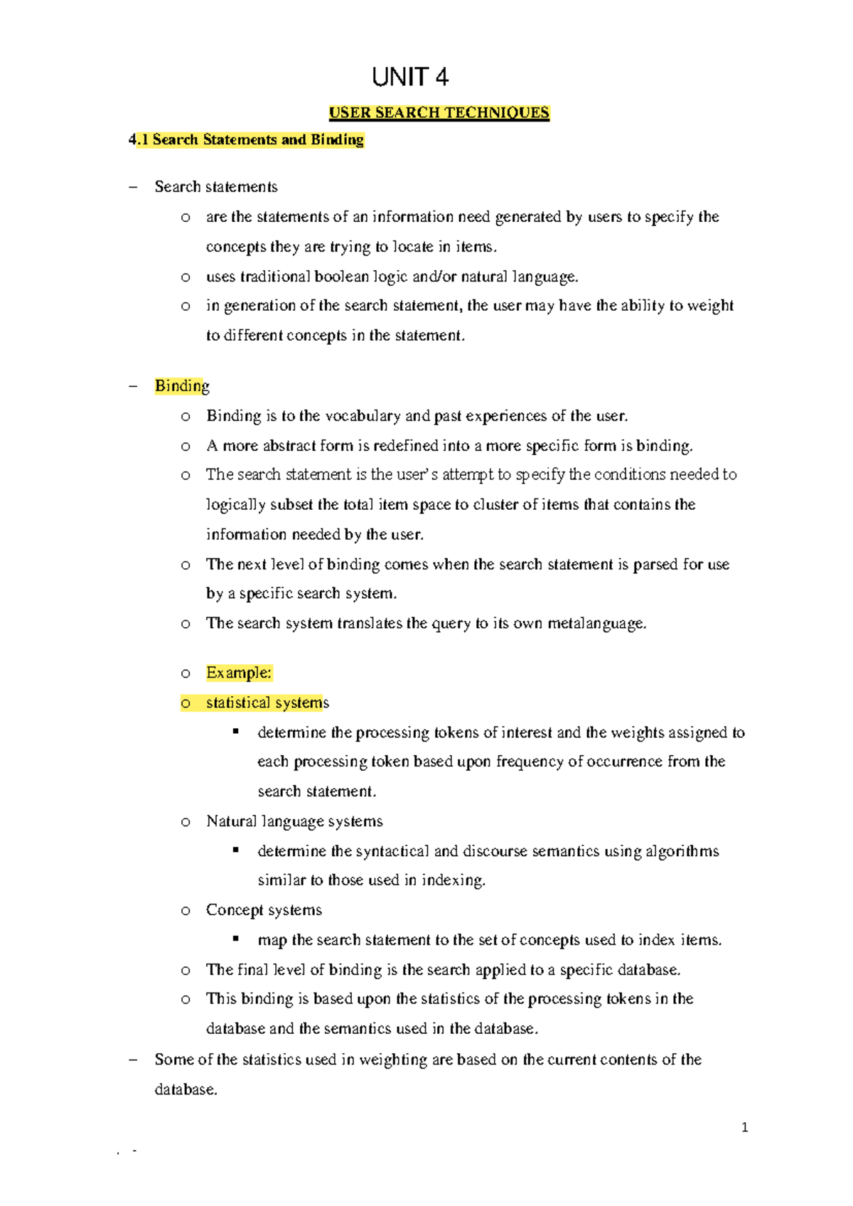 Unit 4 IRS - 1 USER SEARCH TECHNIQUES 4 Search Statements and Binding ...