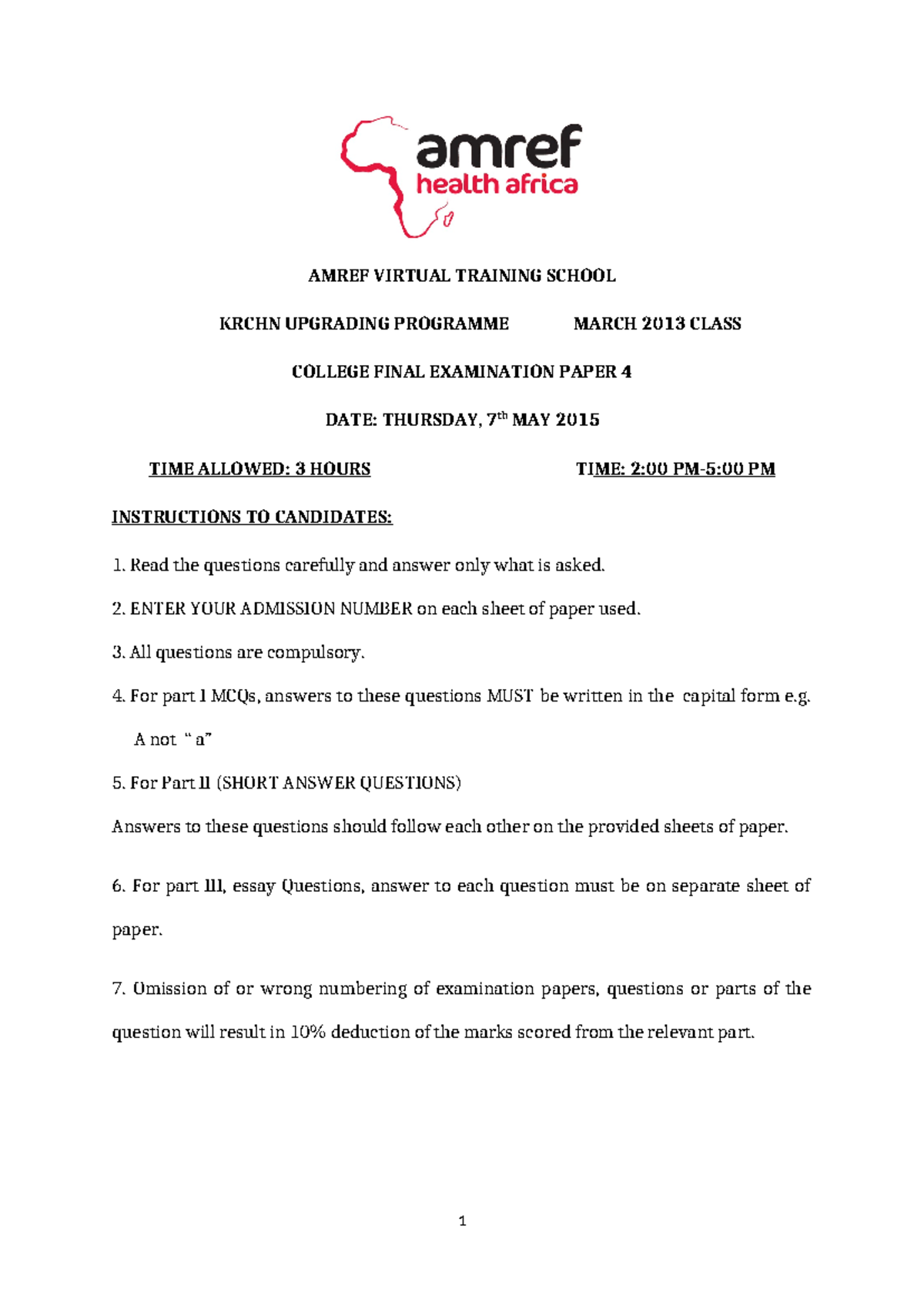 College Final Paper 4-1 - AMREF VIRTUAL TRAINING SCHOOL KRCHN UPGRADING ...