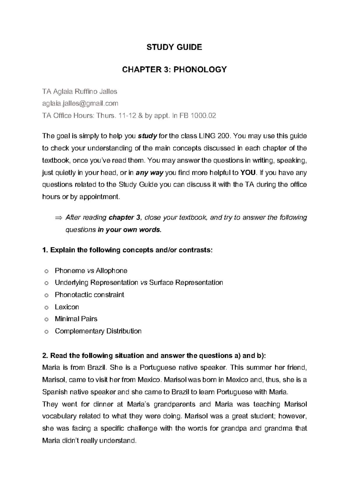 Chapter 3 Study Guide - STUDY GUIDE CHAPTER 3: PHONOLOGY TA Aglaia ...