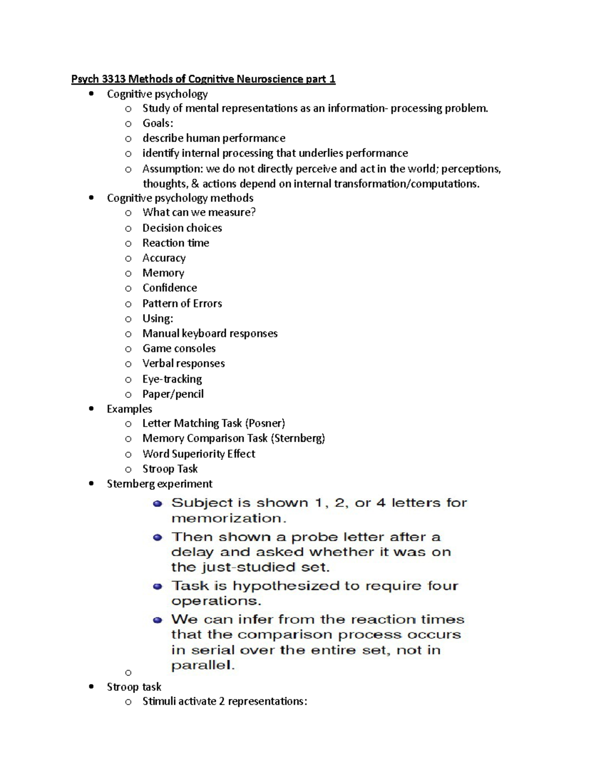 Psych 3313 Methods of Cognitive Neuroscience part 1 - o Goals: o describe human performance o ...