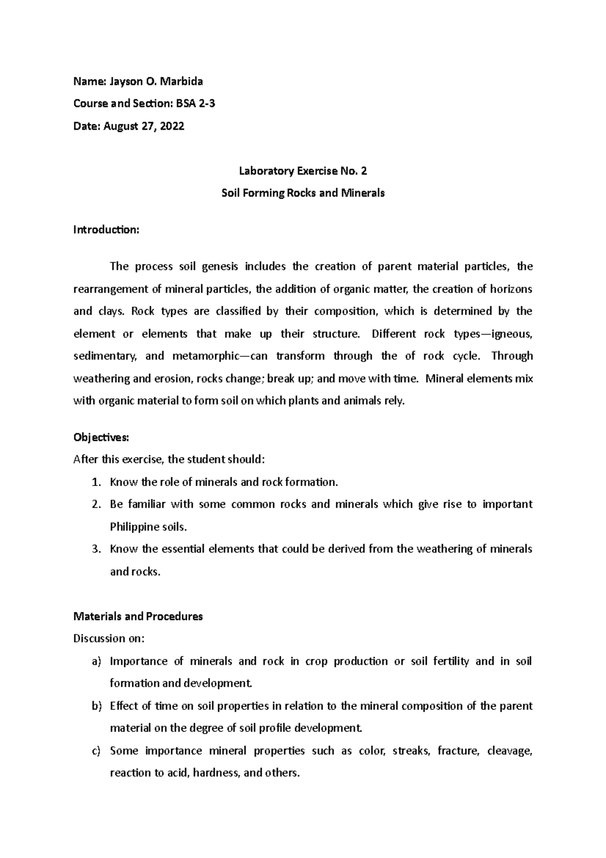Soil Science 1- Laboratory Exercise No. 2 - Name: Jayson O. Marbida ...