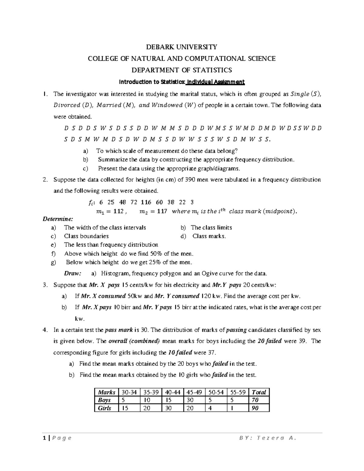 Assignment I - yes - 1 | P a g e B Y : T e z e r a A. DEBARK UNIVERSITY ...