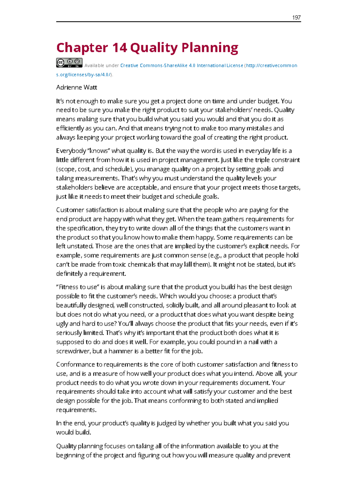 Project Management 15694-15-262-65 - Chapter 14 Quality Planning Available under Creative - Studocu