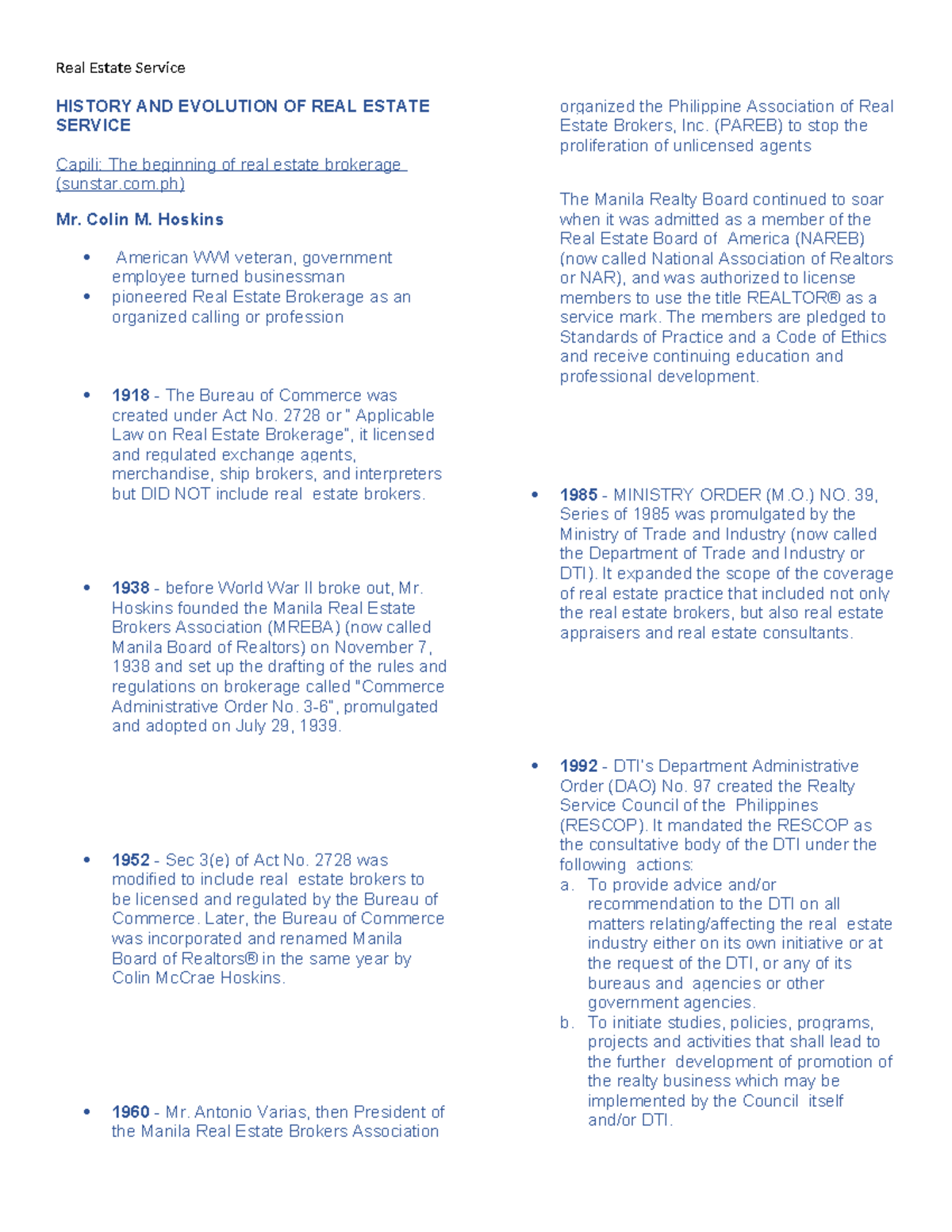 Real Estate Service - NOTES - HISTORY AND EVOLUTION OF REAL ESTATE ...