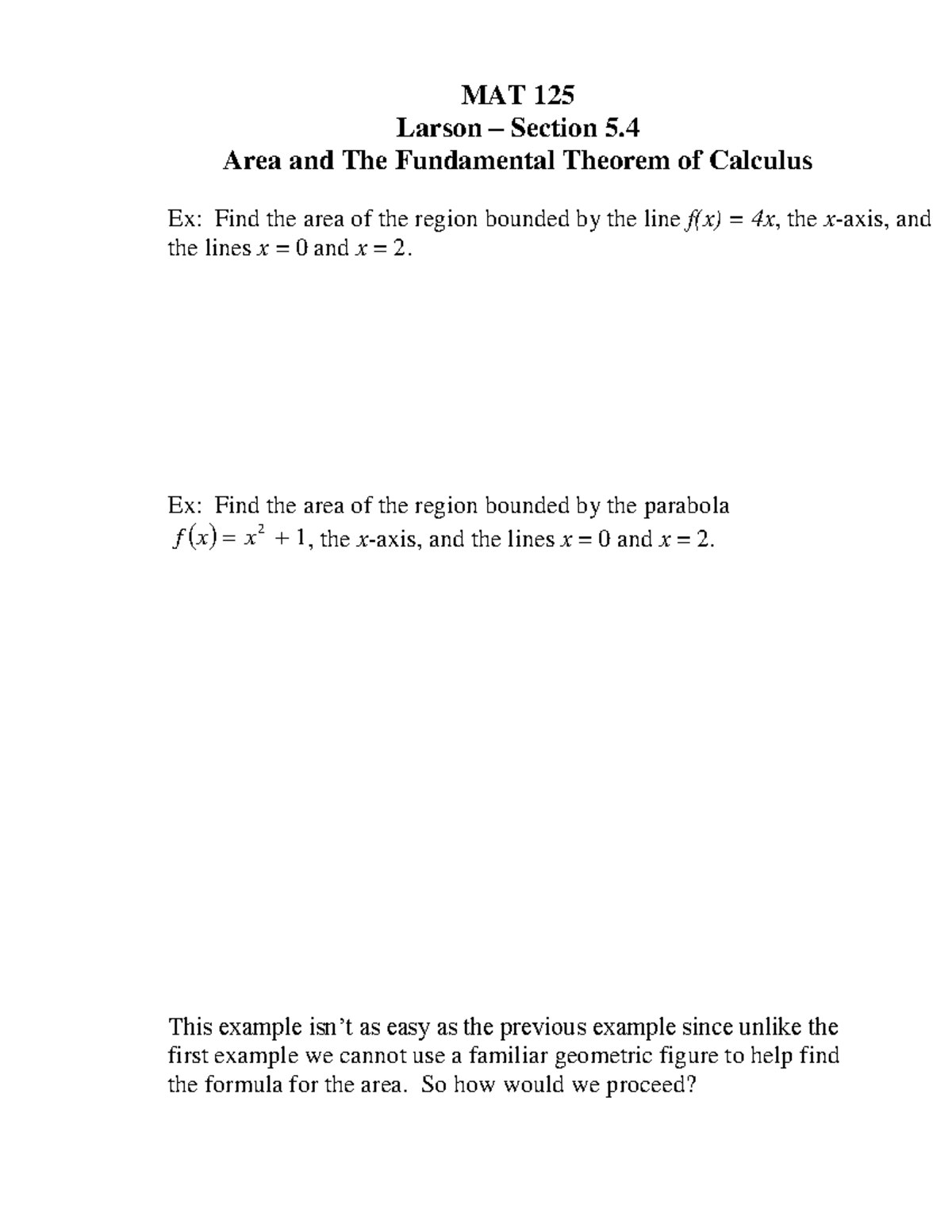 5.4 - FTC Notes - MAT 125 Larson – Section 5. Area and The Fundamental ...