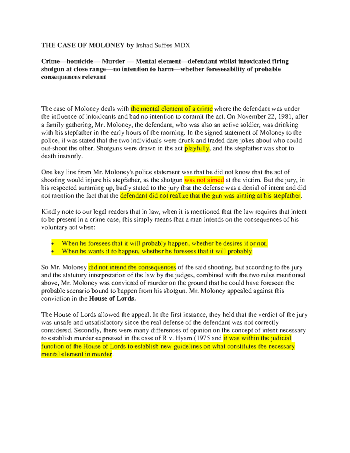 Intention in Crim Law- R v Moloney [1985] AC 905 - THE CASE OF MOLONEY by Irshad Suffee MDX ...