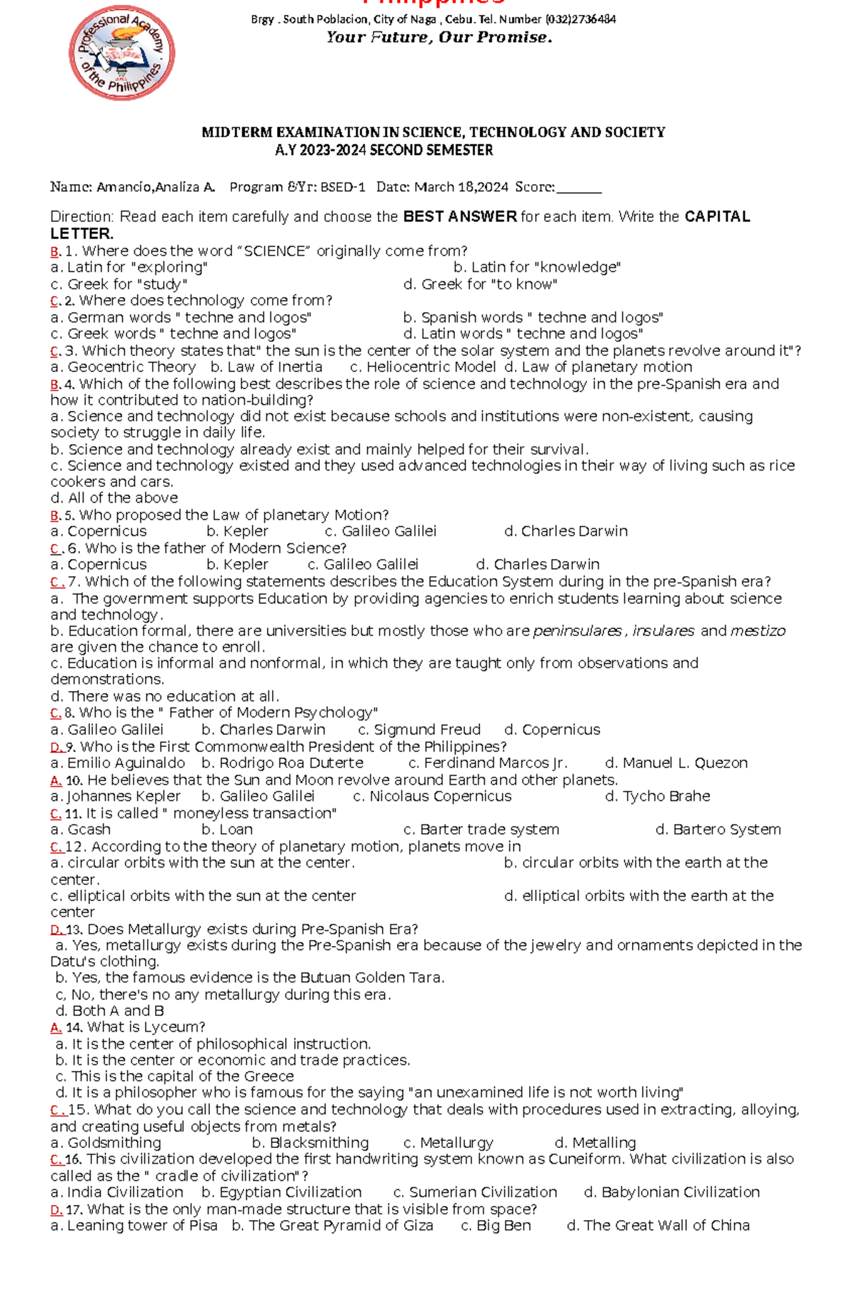 STS- Midterm - MIDTERM EXAMINATION IN SCIENCE, TECHNOLOGY AND SOCIETY A ...