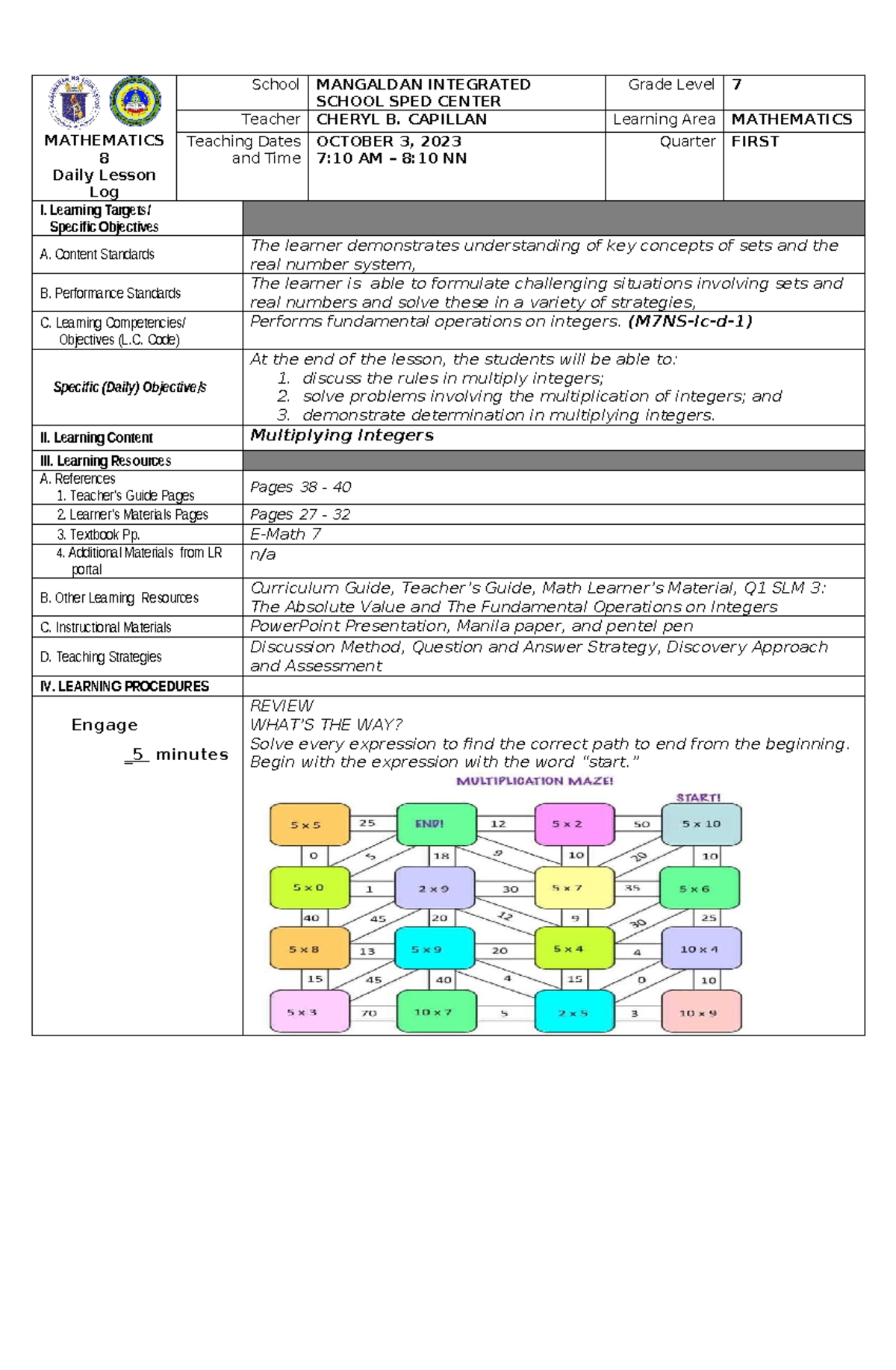 MULTIPLYING INTEGERS - MATHEMATICS 8 Daily Lesson Log School MANGALDAN ...
