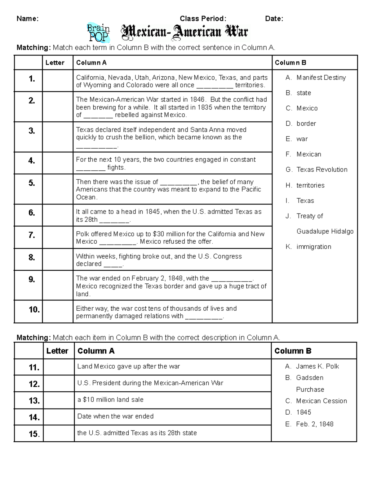 Brain Pop Mexican American War Handout-1 - Name: Class Period: Date ...