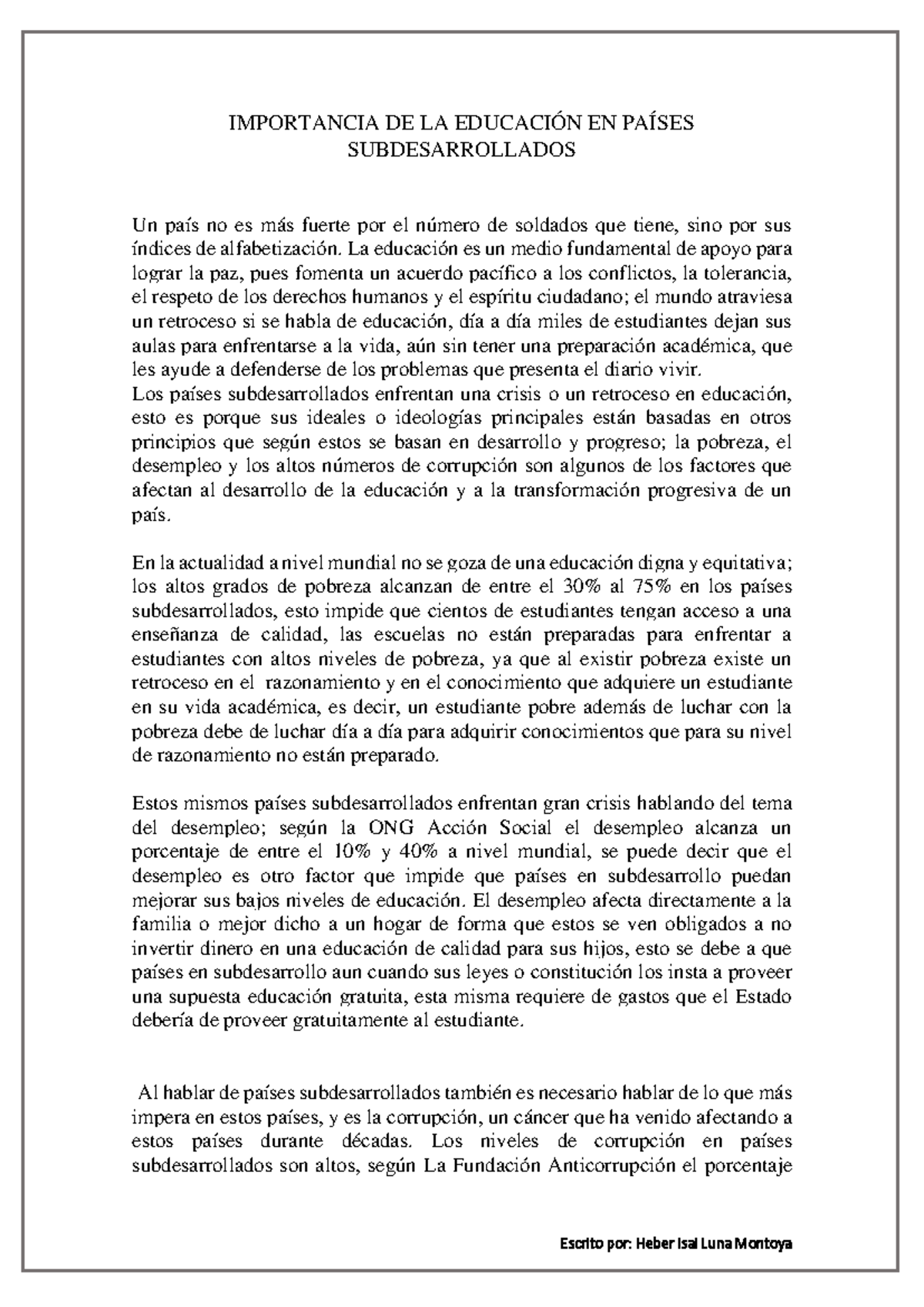 Ensayo Importancia de la Educacion - Escrito por: Heber Isai Luna ...