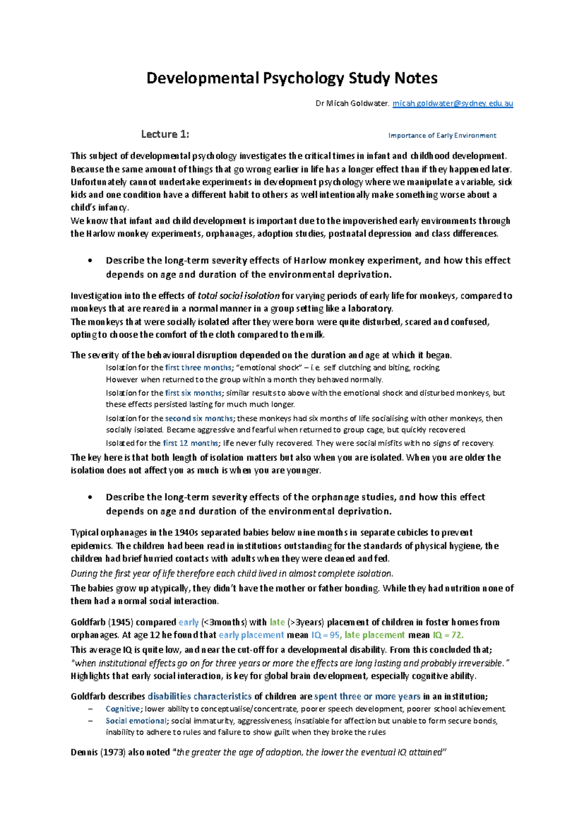 Developmental Psychology Study Notes - micah@sydney.edu Lecture 1 ...