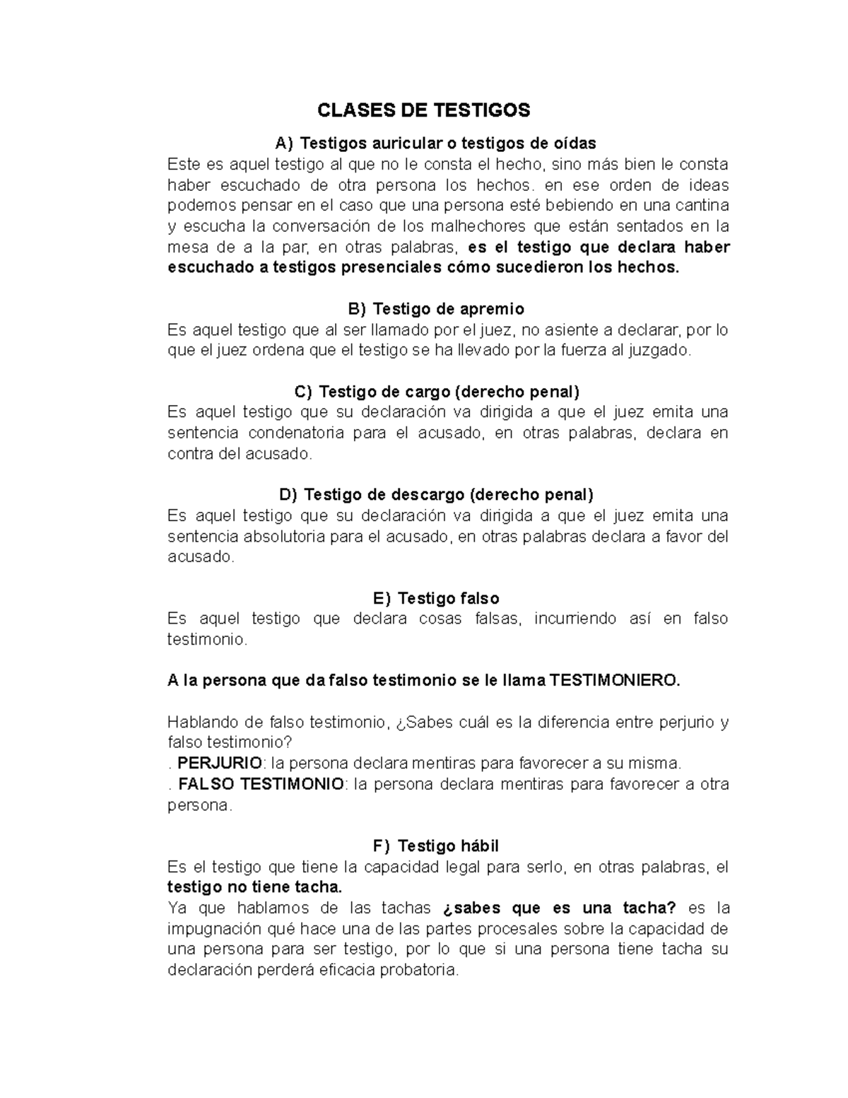 Clases DE Testigos - Debate - CLASES DE TESTIGOS A) Testigos auricular ...